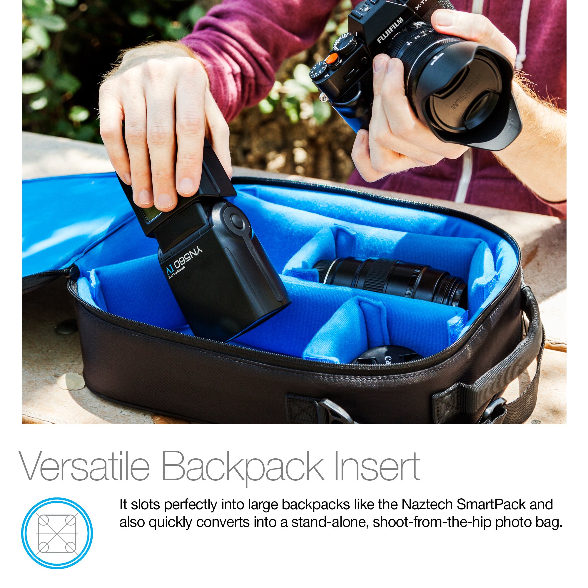 Naztech Camera Bag Has A Modular Backpack Insert and Adjustable Padded Divders to Securely Stow Your Equipment. Water Resistant with Removable Straps