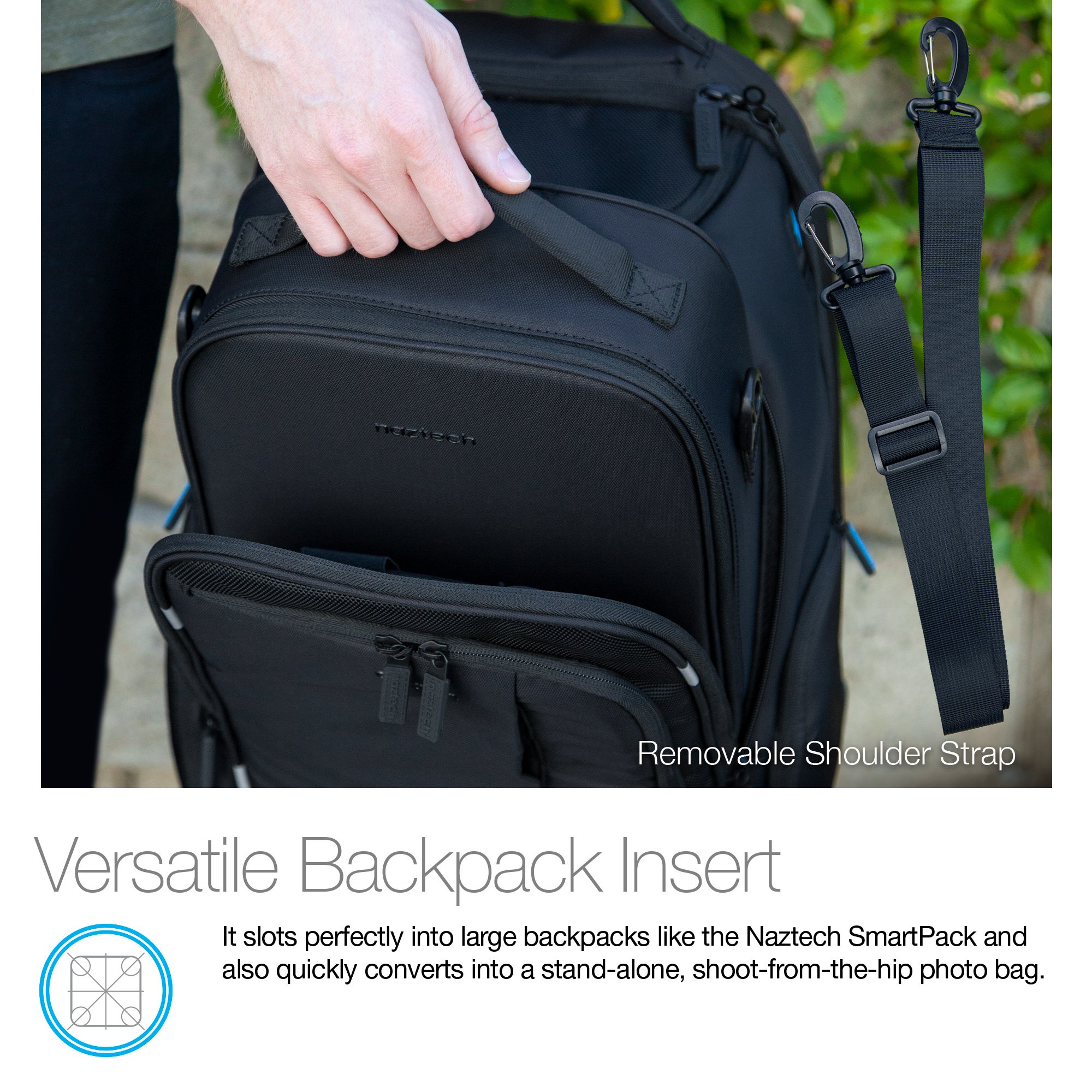 Naztech Camera Bag Has A Modular Backpack Insert and Adjustable Padded Divders to Securely Stow Your Equipment. Water Resistant with Removable Straps