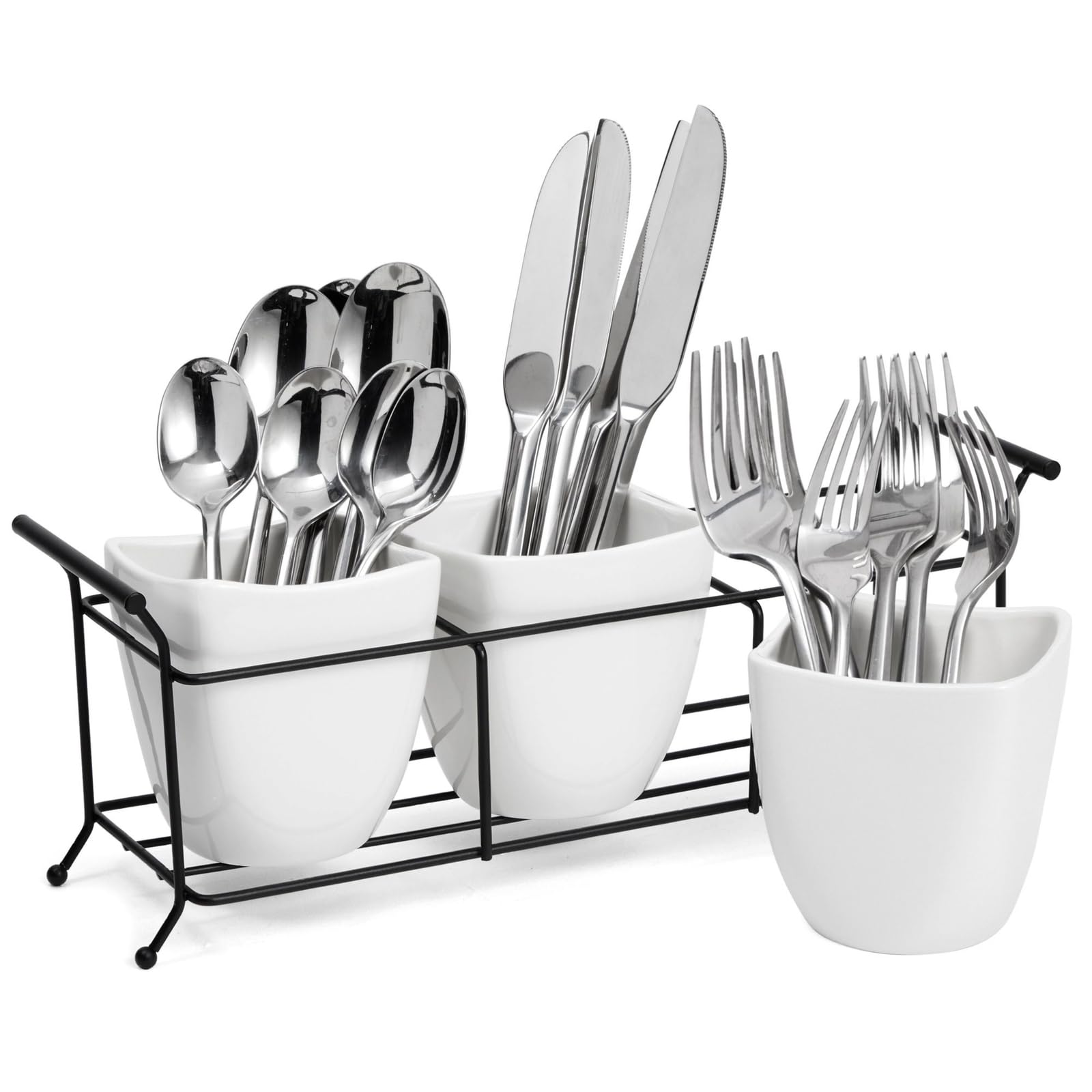 White Ceramic Utensil Holder, Flatware Caddy with Metal Stand (13 x 4 x 5 In)