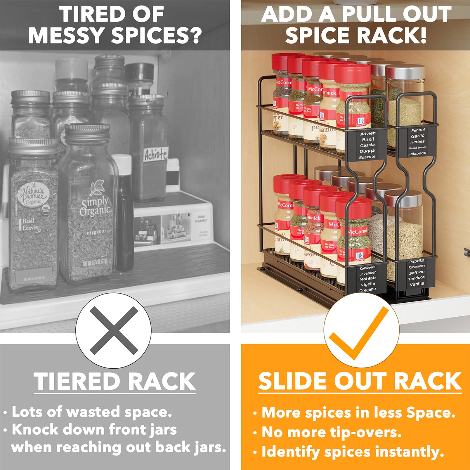 SpaceAid Pull Out Spice Rack Organizer for Cabinet, 2 Drawers 2-Tier, 3 Drawers 2-Tier