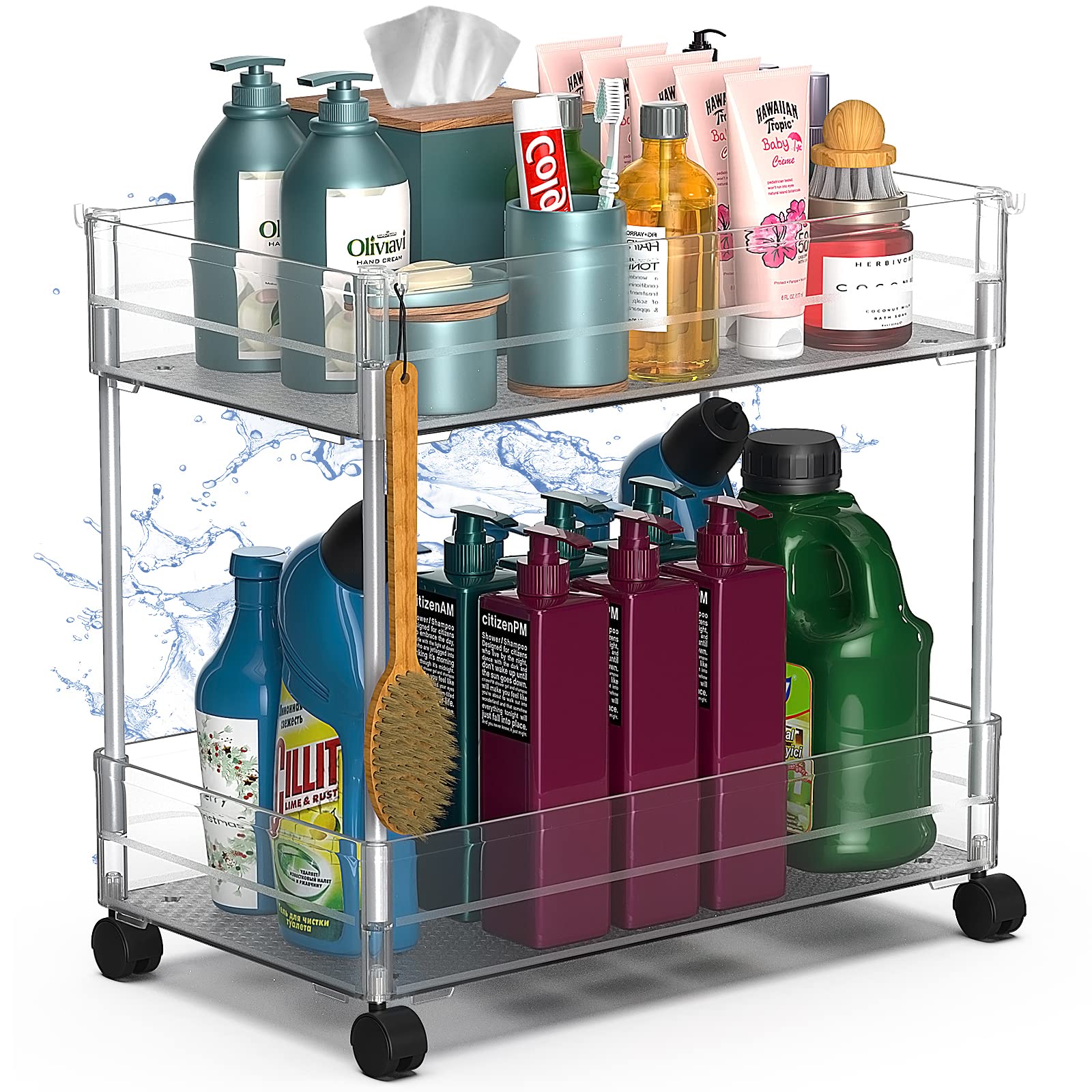 Under Sink Organizer, 2 Tier Thicken Bathroom Under Sink Organizers and Storage with Wheel Hook, Strong Bath Kitchen Home Countertop Cabinet Standing Rack, Narrow Space Collection Basket, Clear Shelf