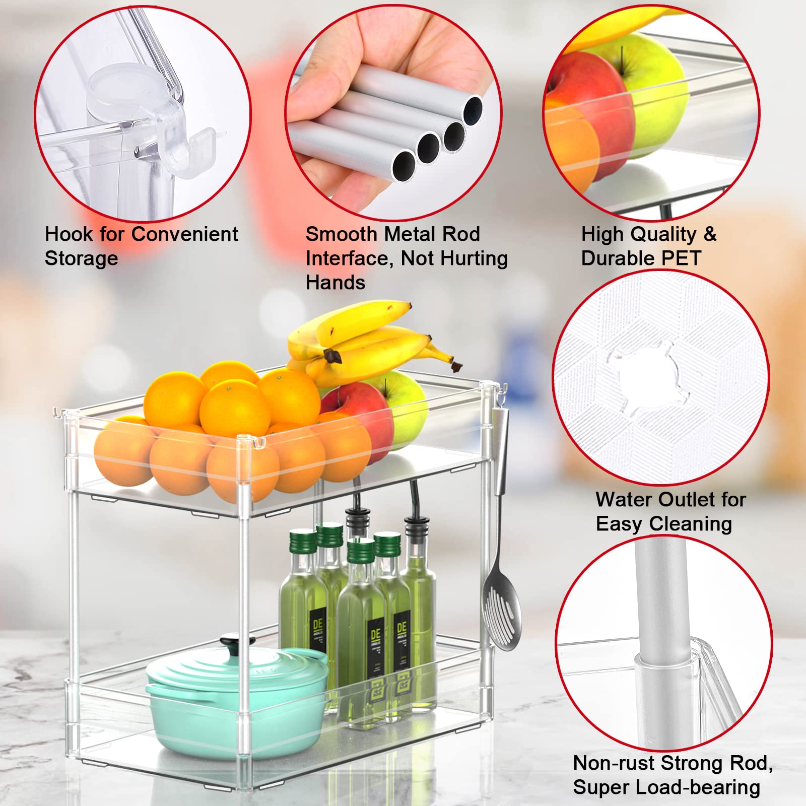 Under Sink Organizer, 2 Tier Thicken Bathroom Under Sink Organizers and Storage with Wheel Hook, Strong Bath Kitchen Home Countertop Cabinet Standing Rack, Narrow Space Collection Basket, Clear Shelf