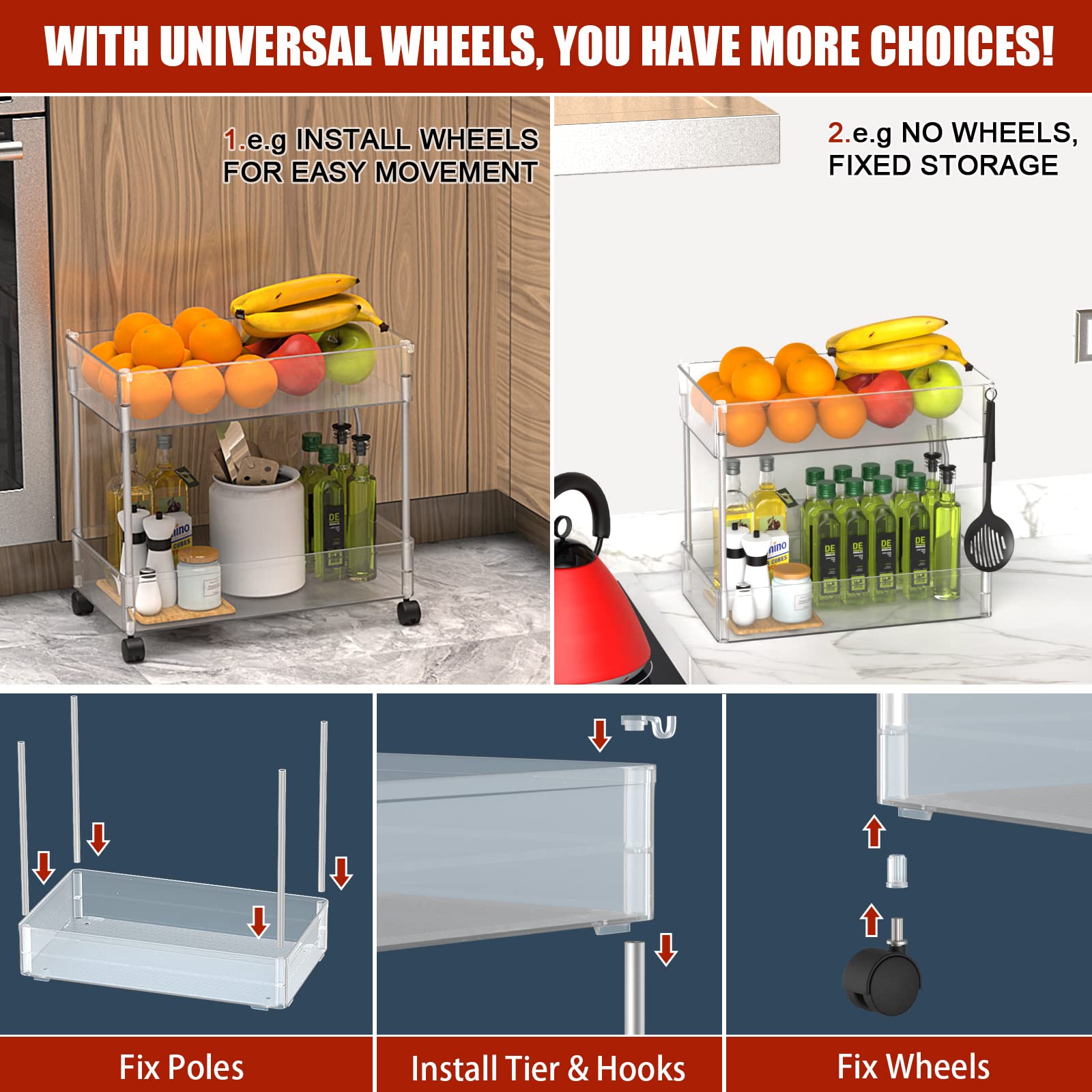 Under Sink Organizer, 2 Tier Thicken Bathroom Under Sink Organizers and Storage with Wheel Hook, Strong Bath Kitchen Home Countertop Cabinet Standing Rack, Narrow Space Collection Basket, Clear Shelf