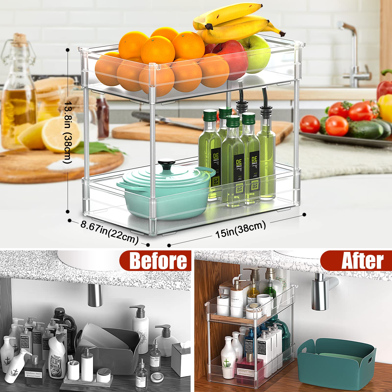 Under Sink Organizer, 2 Tier Thicken Bathroom Under Sink Organizers and Storage with Wheel Hook, Strong Bath Kitchen Home Countertop Cabinet Standing Rack, Narrow Space Collection Basket, Clear Shelf