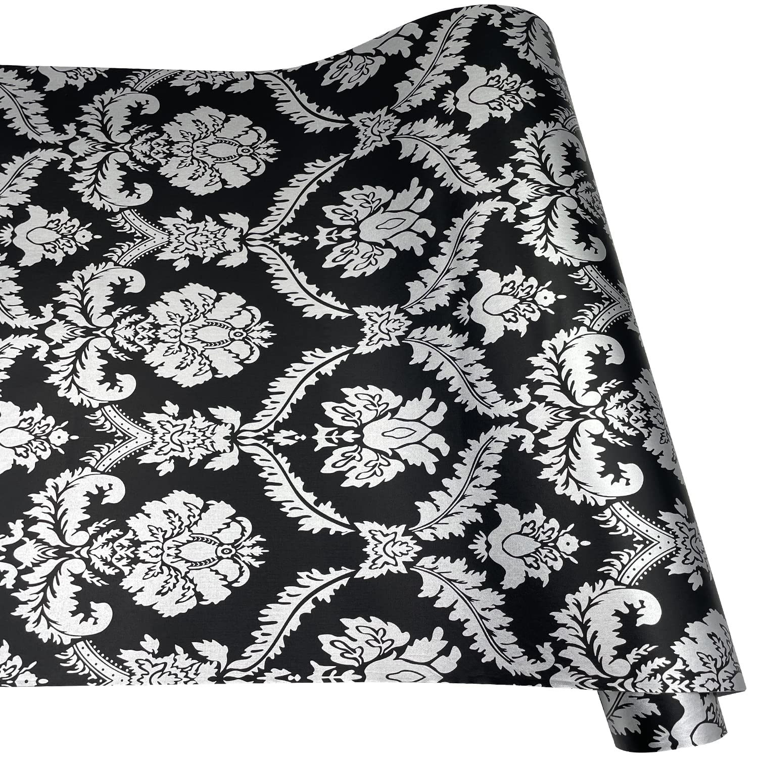 Yifely SimpleLife4U Silver Damask Furniture Paper Decorative Black Shelf Drawer Liner Peel & Stick 17x118 Inches by SimpleLife4U