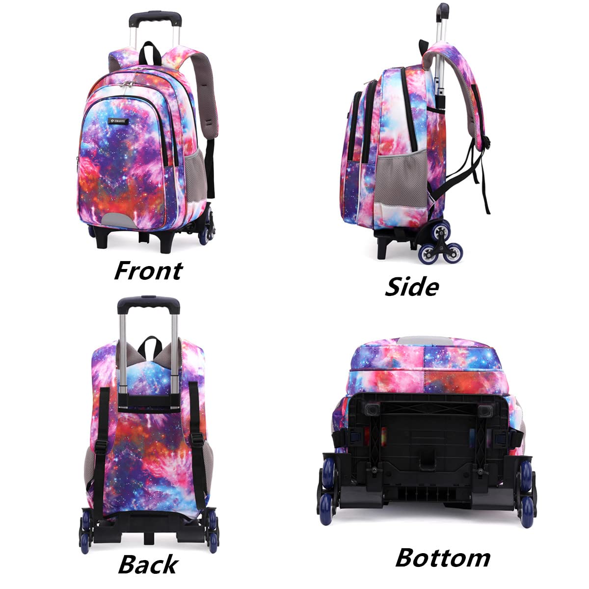 Mfikaryi 3Pcs Galaxy Print Rolling Backpack,Starry Sky Print Wheel Backpack,Kids Trolley School Bags with 6 Wheels