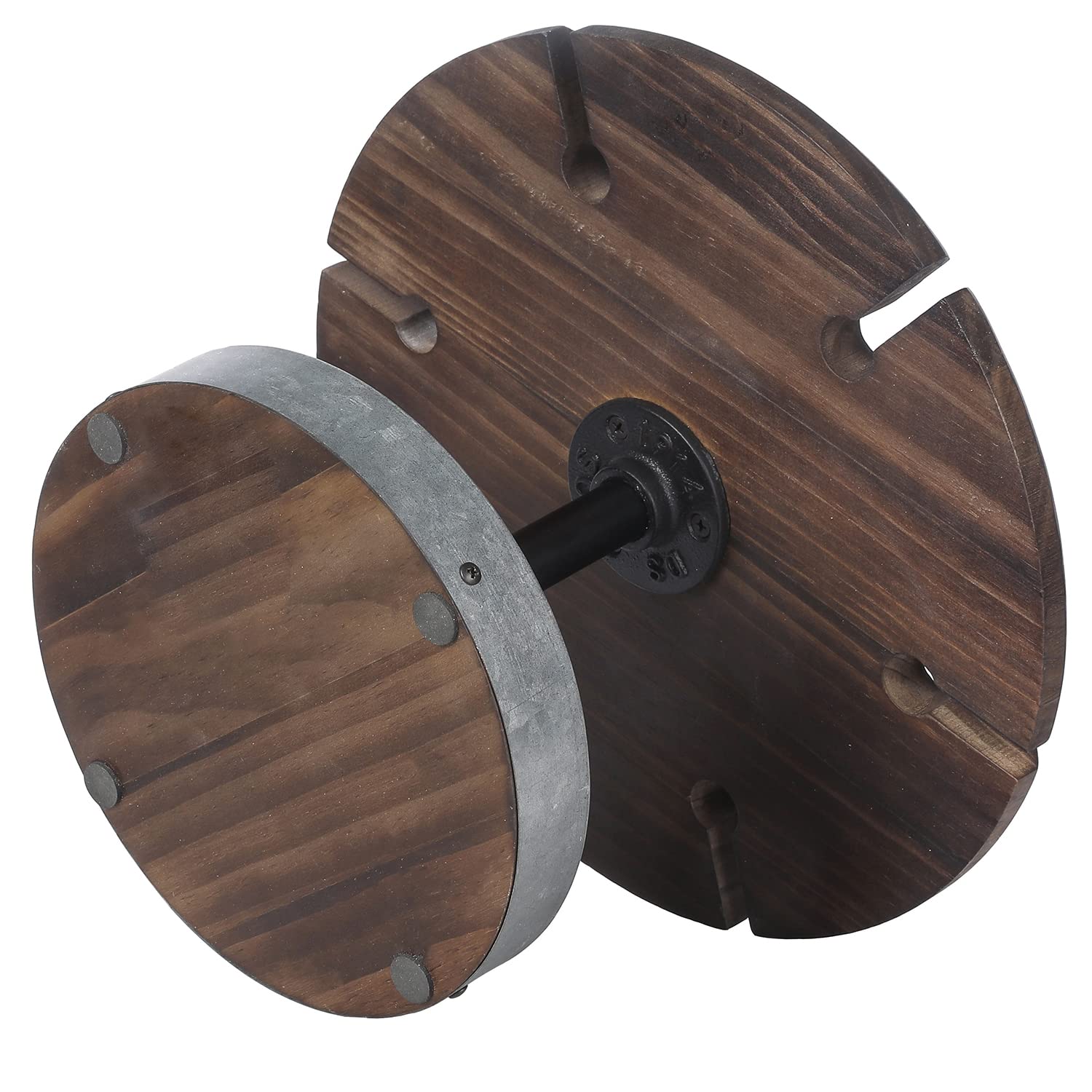 MyGift Rustic Solid Burnt Wood Tabletop Round Wine Glasses and Wine Bottle Holder Pedestal Stand with Galvanized Metal Accent , Wine Flight Tasting Server Tray, Holds 6 Stemware and 1 Bottle