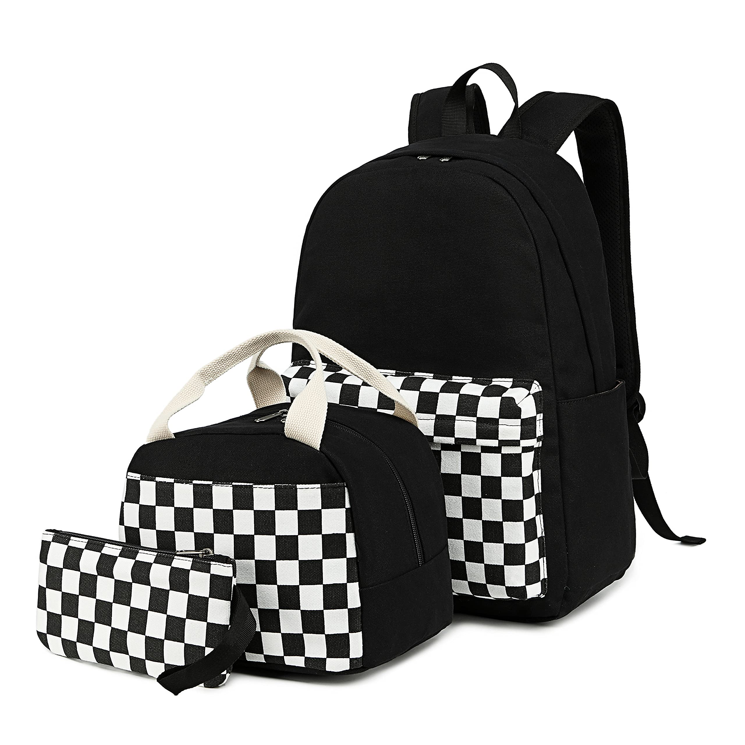 CAMTOP School Backpack Canvas Laptop Backpack Teens Bookbag Set Lunch Bag Pencil Case for Girls Boys(Checkerboard Black)