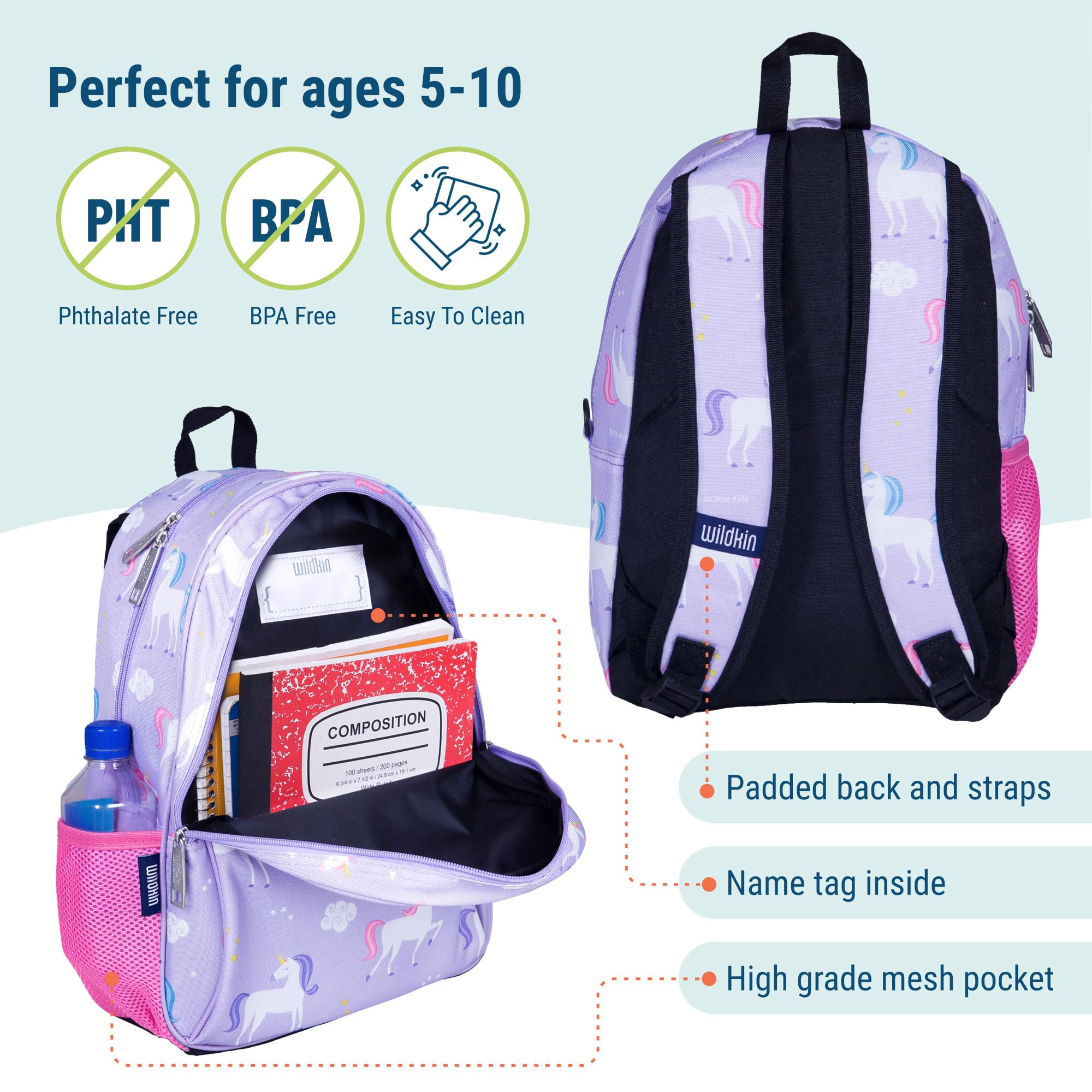 Wildkin 15-Inch Kids Backpack for Boys & Girls, Perfect for Early Elementary, Backpack for Kids Features Padded Back & Adjustable Strap, Ideal for School & Travel Backpacks (Unicorn)