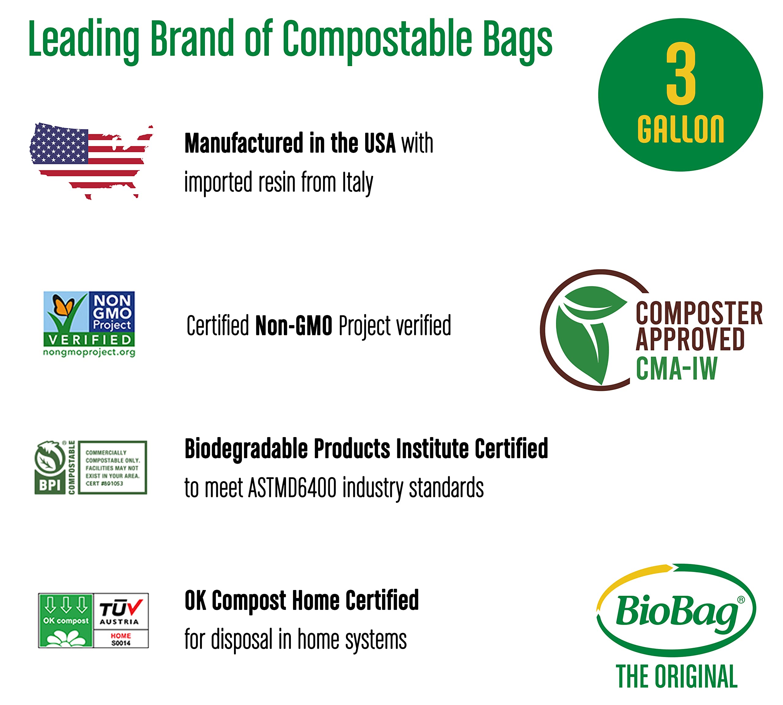 BioBag (USA), The Original Compostable Bag, 3 Gallon, 100 Total Count, 100% Certified Compostable Kitchen Food Scrap Bags, Kitchen Compost Bin Compatible