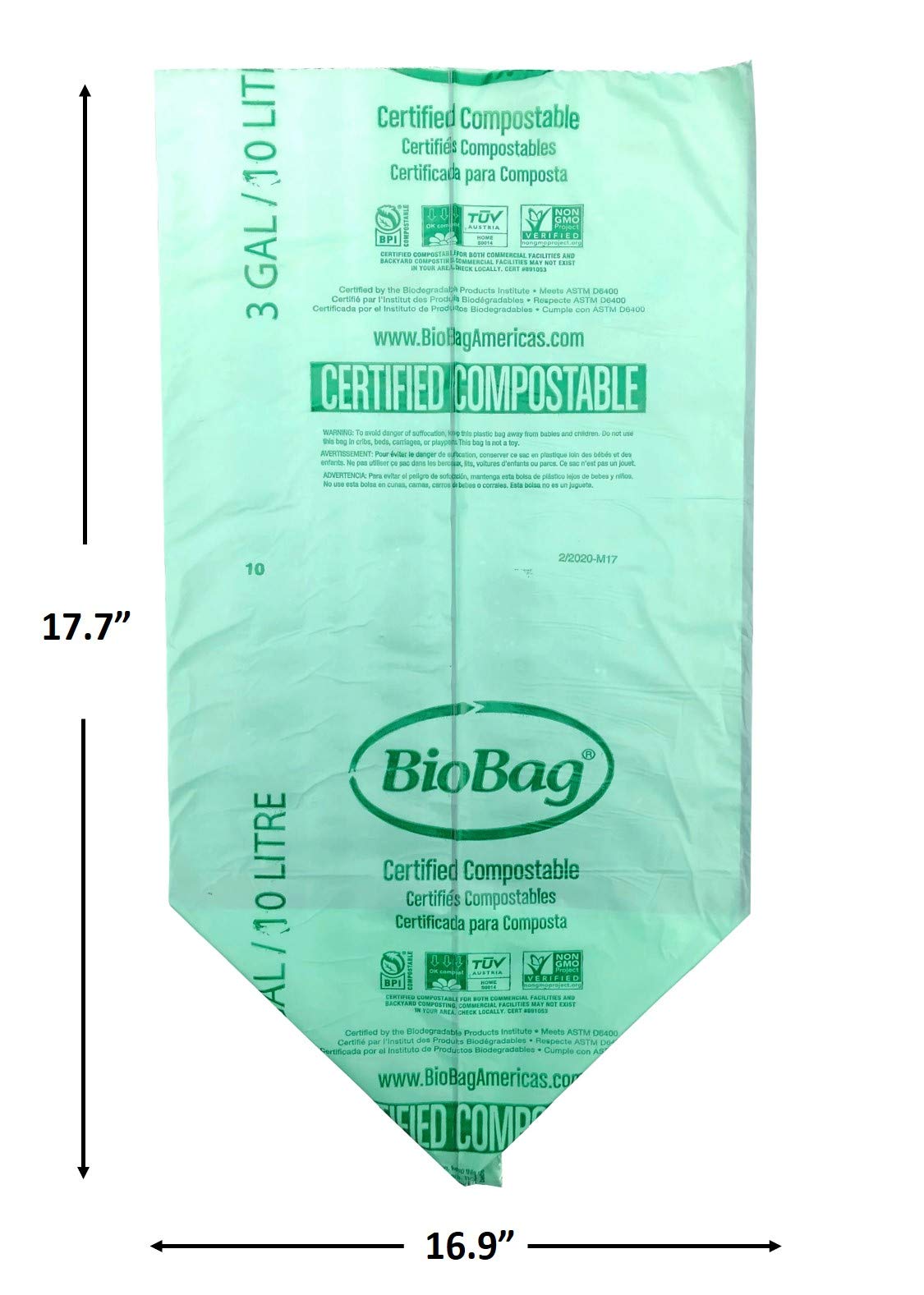 BioBag (USA), The Original Compostable Bag, 3 Gallon, 100 Total Count, 100% Certified Compostable Kitchen Food Scrap Bags, Kitchen Compost Bin Compatible