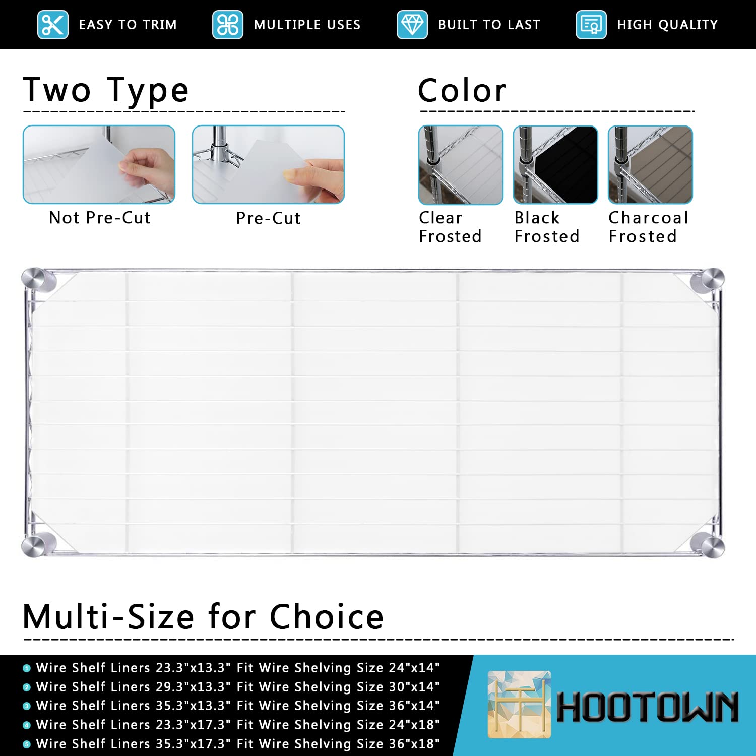HooTown Wire Shelf Liners 5 Sheets Fit Wire Shelving Size 30 Inch x 14 Inch, Clear Frosted Hard Plastic Protector Mats for Metal Stainless Steel Garage, Cabinets, Kitchen Shelves, Shoe Rack