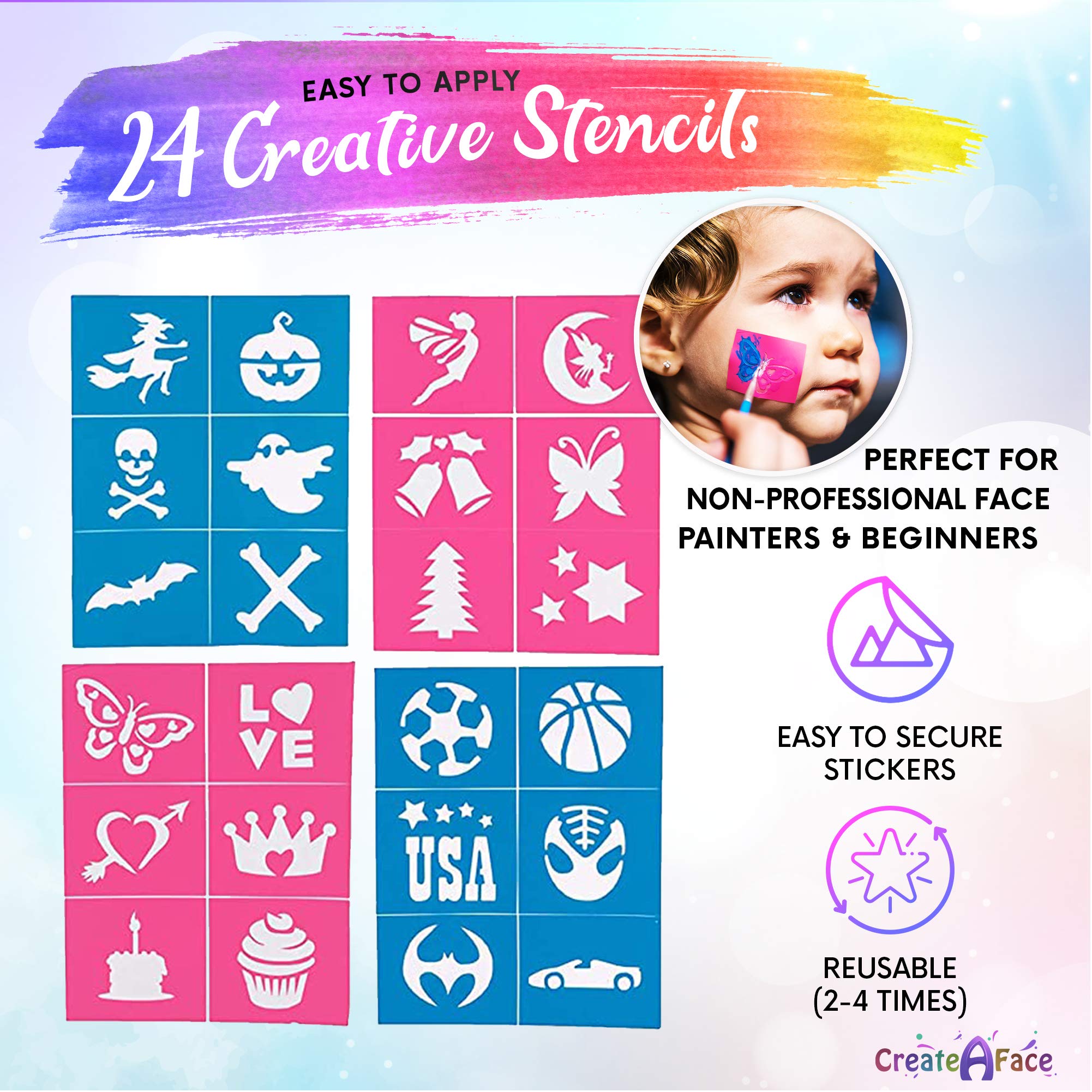 Face Paint for Kids - Vibrant Face Painting Colors, Stencils & 2 Brushes - Body Paint Face Paint Kids - Facepaint Kit Tutorials & E Book - Fun, Easy to Use & Hypoallergenic. For Toddler Teens & Adults
