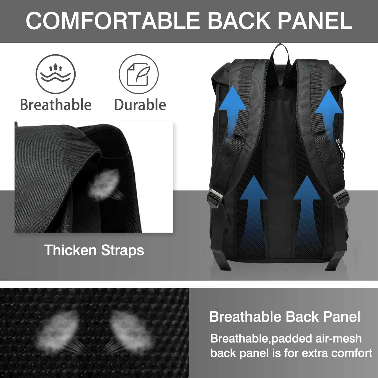 VASCHY School Backpack for Men and Women Casual Travel Backpack Camping Rucksack Bookbag with15.6in Laptop Sleeve Black