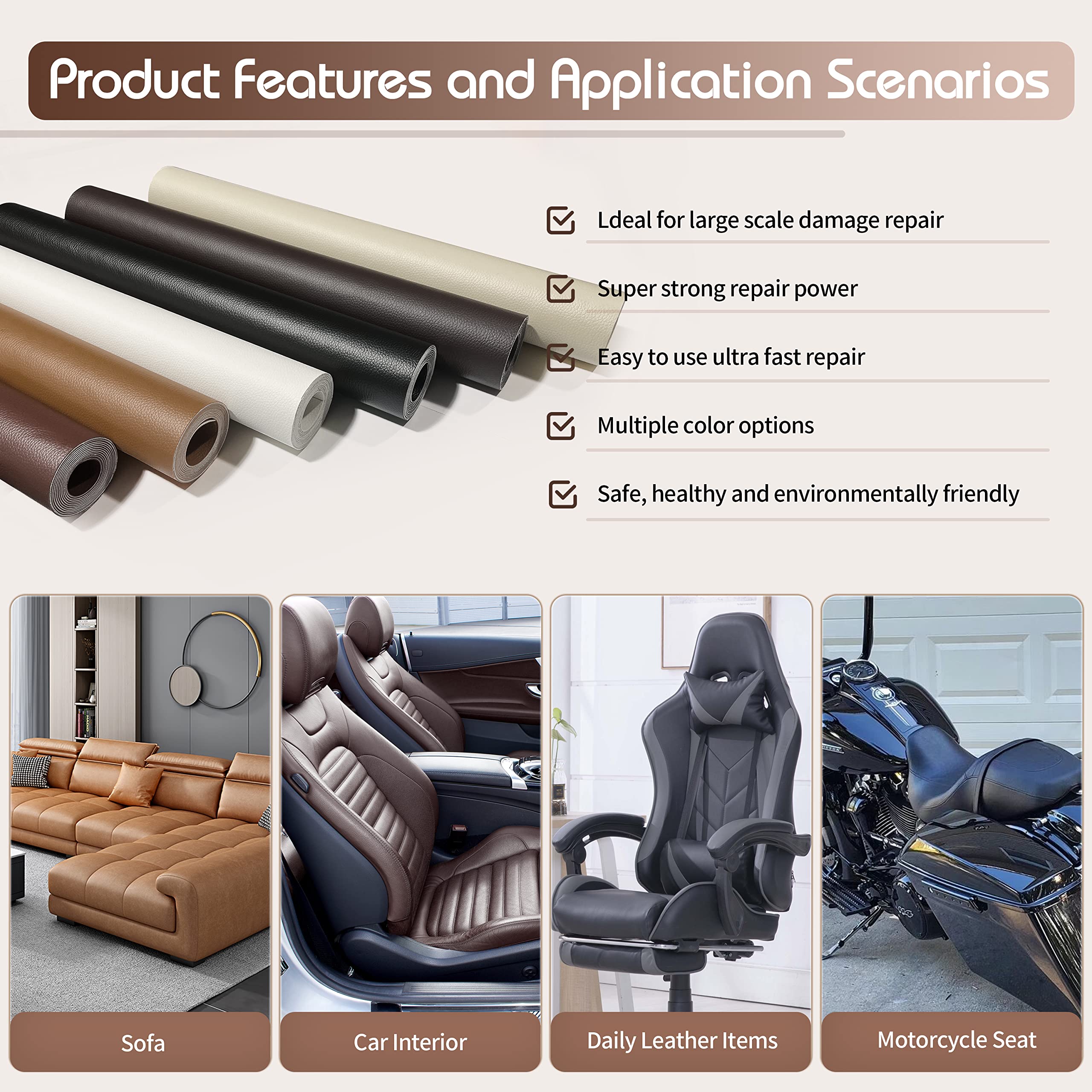 Leather Repair Patches for Couches 16x60 inches Large Self-Adhesive Sofa, Car Seat,Leather Furniture,Vinyl Repair Patch Kit (Black)