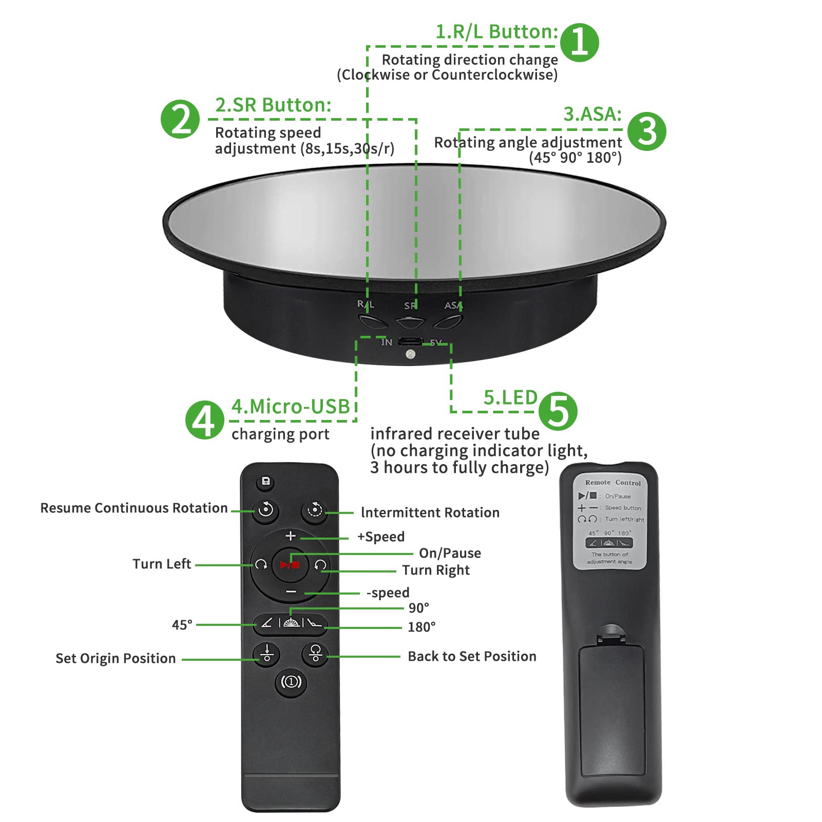 ZLMONDEE Remote Spinning Rotating Display Stand ,Motorized Rotating Turntable Platform Lazy Susan with Mirror 7.87inch/17.6lb Load for Photography Products (Black)