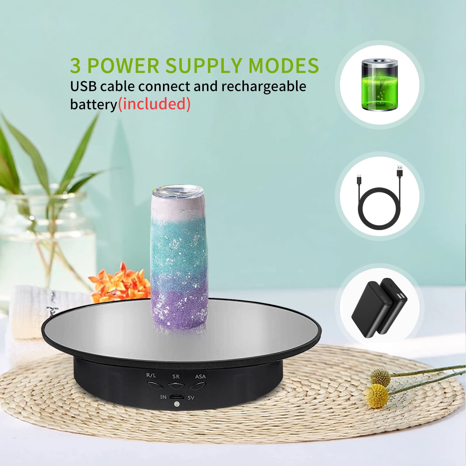 ZLMONDEE Remote Spinning Rotating Display Stand ,Motorized Rotating Turntable Platform Lazy Susan with Mirror 7.87inch/17.6lb Load for Photography Products (Black)