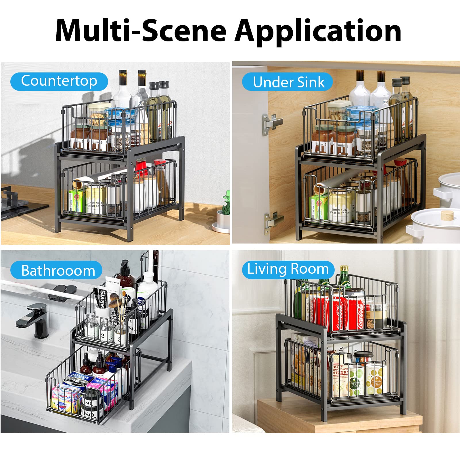 YTDTKJ 2 Tier Under Sink Organzier, Pull Out Cabinets Organizer Shelf Baskets, Stackable Sliding Cabinet Organizer for Kitchen, Pantry, Under The Sink, Cabinet, Bathroom, Black