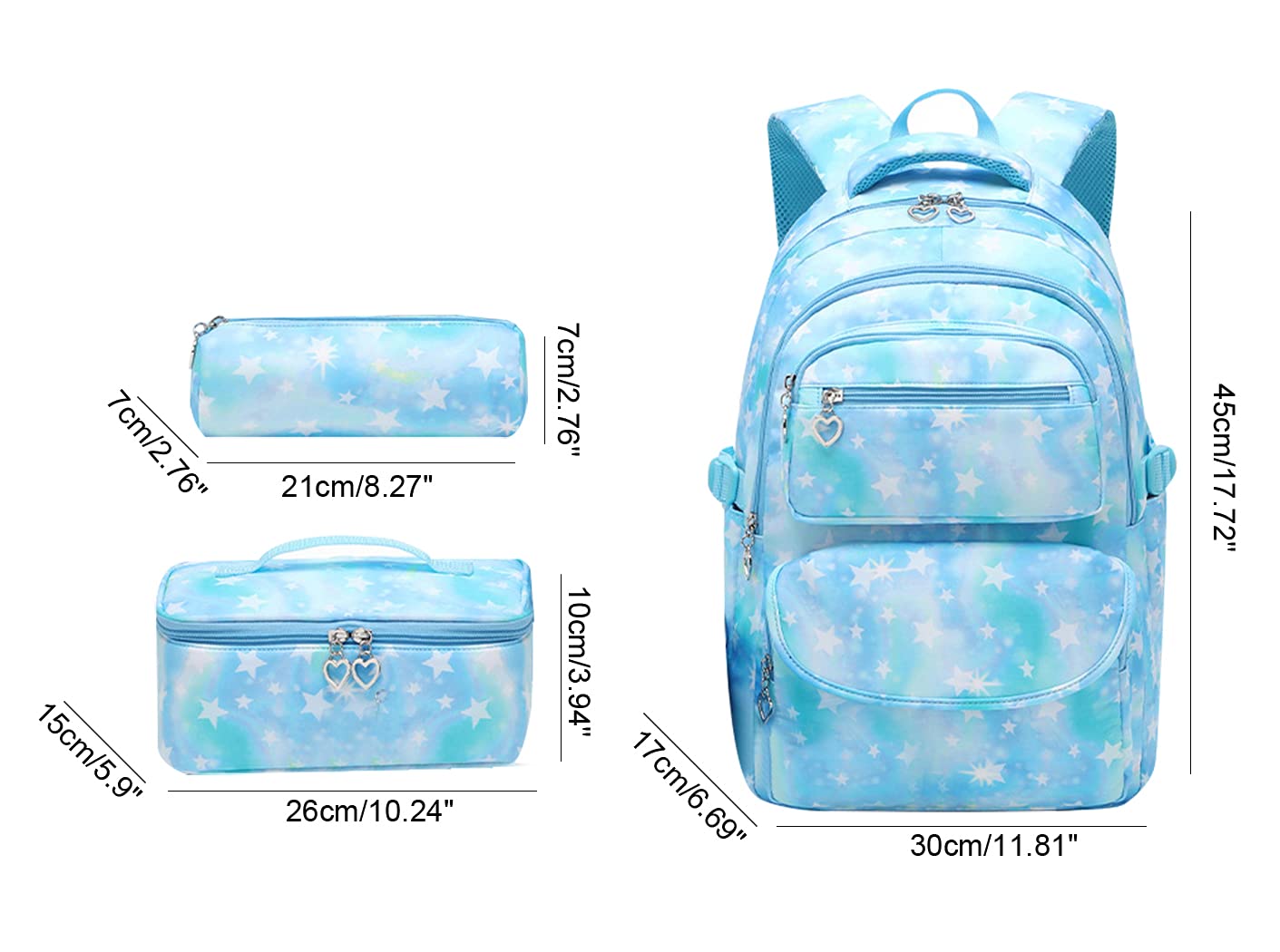 JiaYou School Backpack Sets 3pcs Stars Prints Daypack For Teens Girls Primary School Students(Blue Stars,22 Liters)