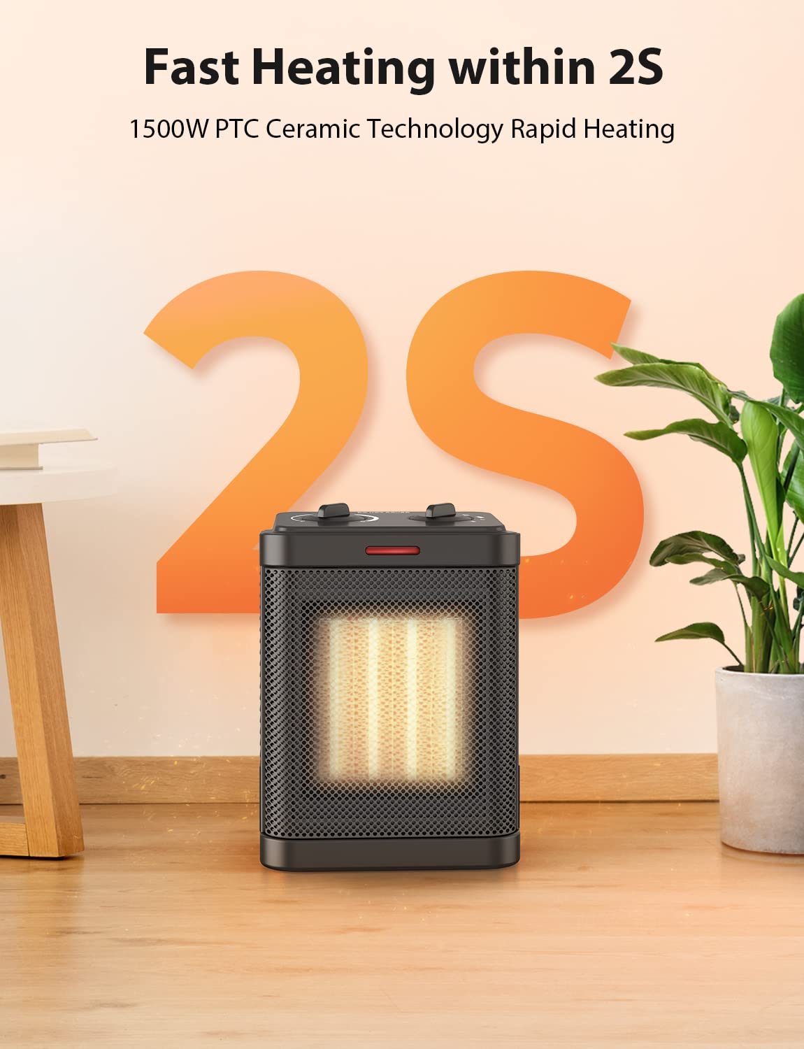 Space Heater, Small Space Heater for Indoor Use, 1500W/900W PTC Ceramic Space Heater with Thermostat, 3 Modes, Safety Quiet Heating, Multiple Protection, Portable Heater for Office Room Desk Use