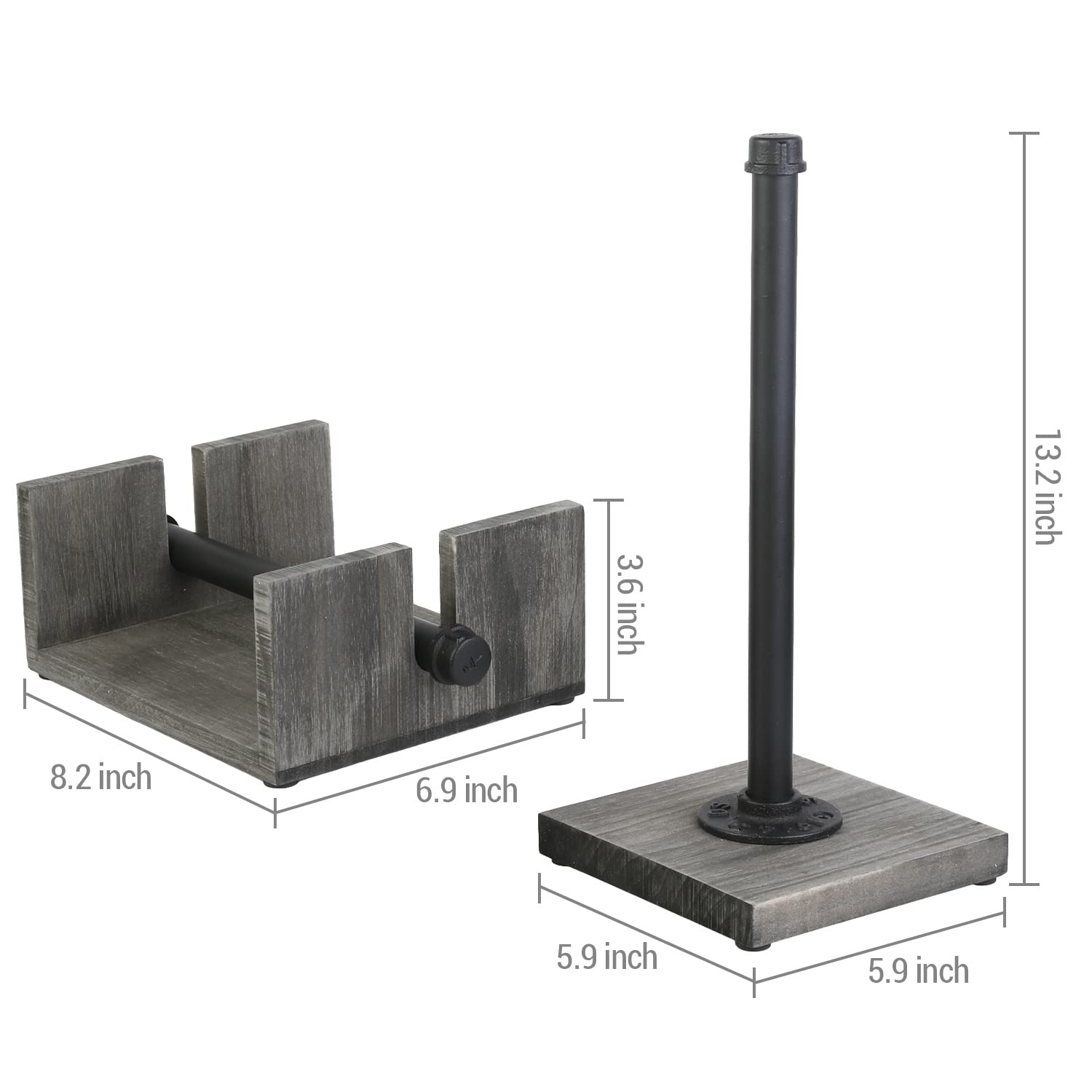 MyGift 2 Piece Rustic Gray Wood and Industrial Metal Kitchen Countertop Paper Towel Holder and Flat Napkin Holder with Weighted Arm