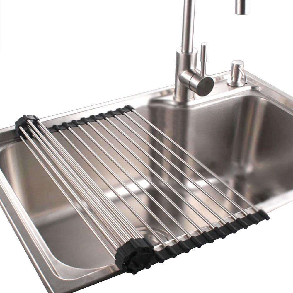 Dish Rack Sponge Holder Stainless Steel RV Roll up Shelf Over Sink Drainer for Recreational Vehicle Large (17.2x15.7x0.7) inch