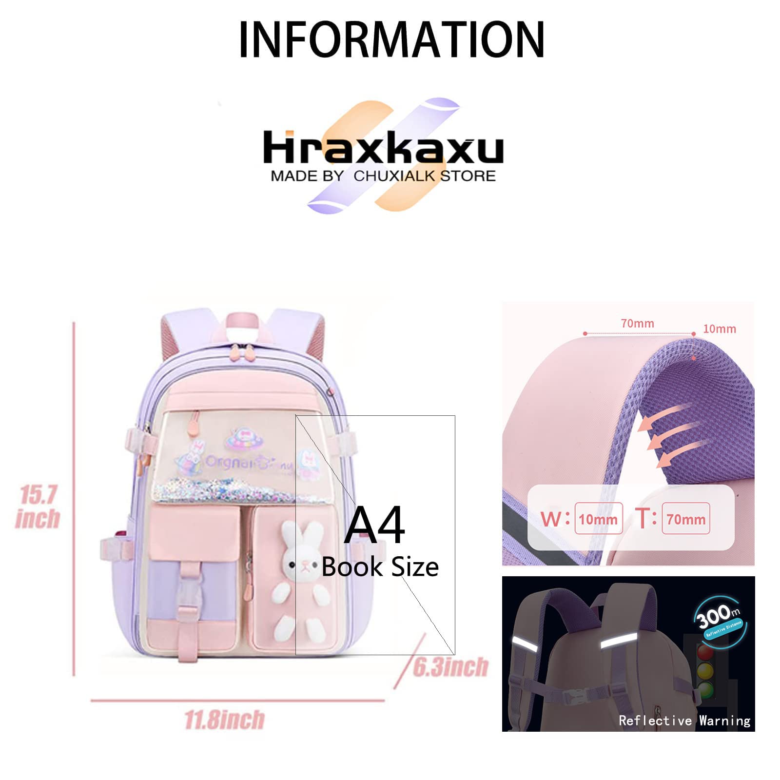 Cute Bunny Backpack, Kawaii Bunny Backpacks Girls,Back To School Large Capacity Waterproof Bookbag for Grades 1-6 Bags(Purple)