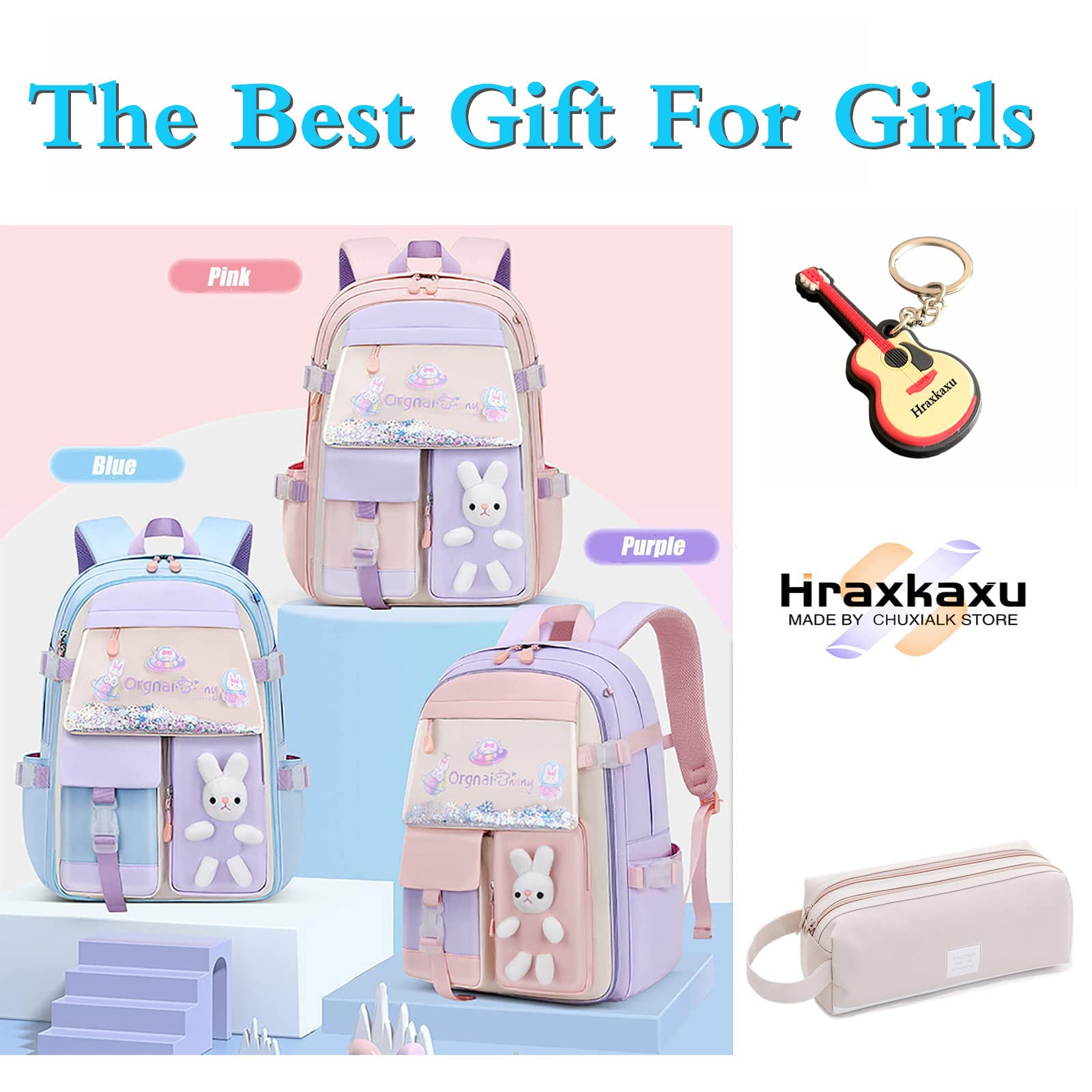 Cute Bunny Backpack, Kawaii Bunny Backpacks Girls,Back To School Large Capacity Waterproof Bookbag for Grades 1-6 Bags(Purple)