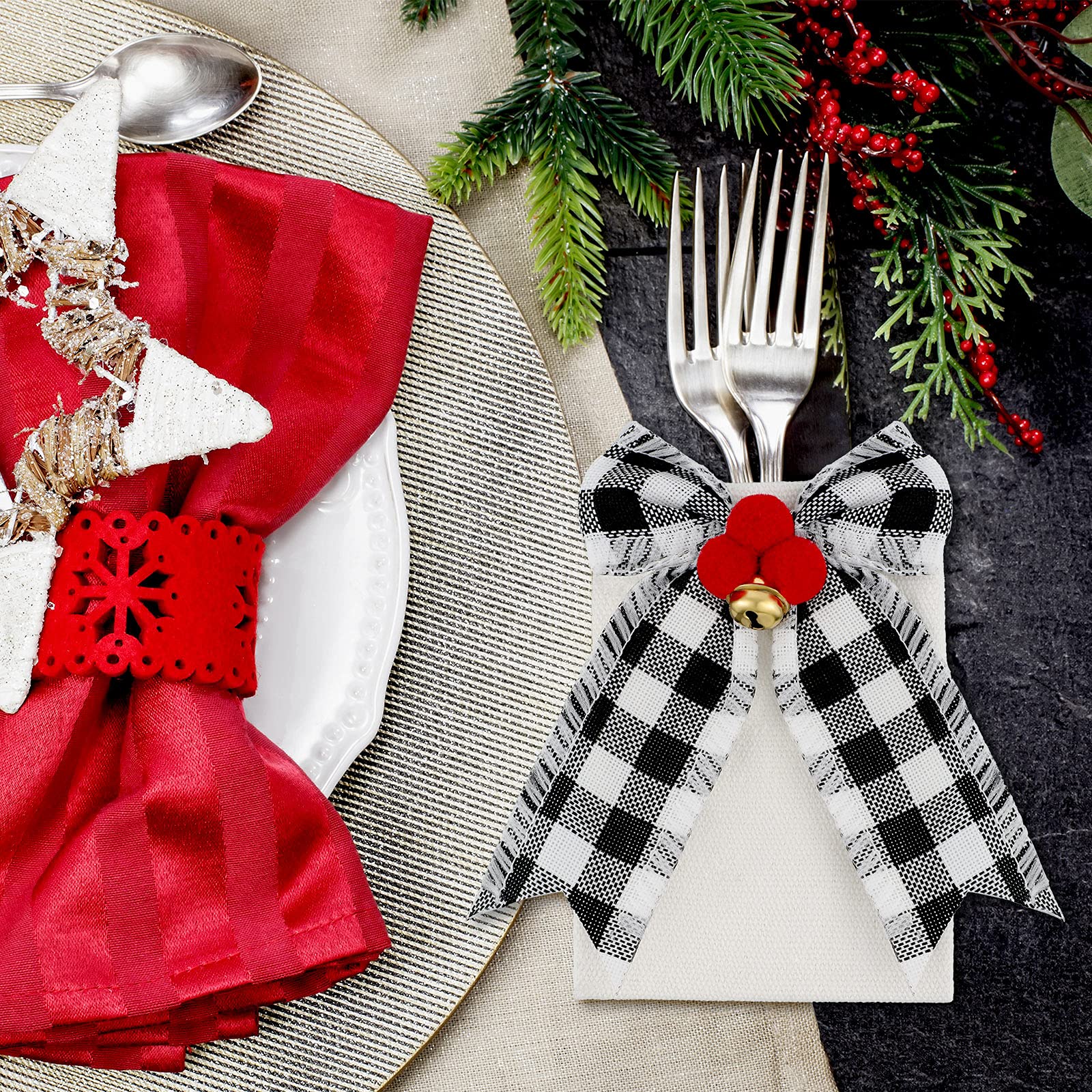12 Pieces Christmas Silverware Holder Burlap Utensil Holder Xmas Tableware Holder Buffalo Plaid Cutlery Fork Bag for Christmas Party Dinner Tableware Decoration (Black and White)