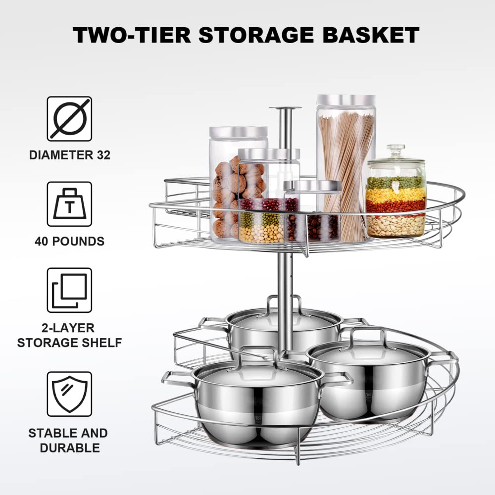 Kidney Chrome Lazy Susan,2 Tier Adjustable Kitchen Corner Cabinet Organizer 32" Blind Corner Shelf for Space Saving Corner Cabinet Blind Shelf