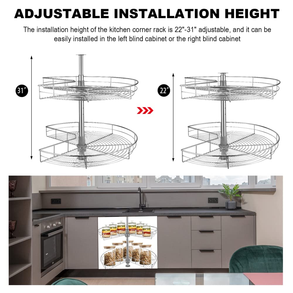 Kidney Chrome Lazy Susan,2 Tier Adjustable Kitchen Corner Cabinet Organizer 32" Blind Corner Shelf for Space Saving Corner Cabinet Blind Shelf