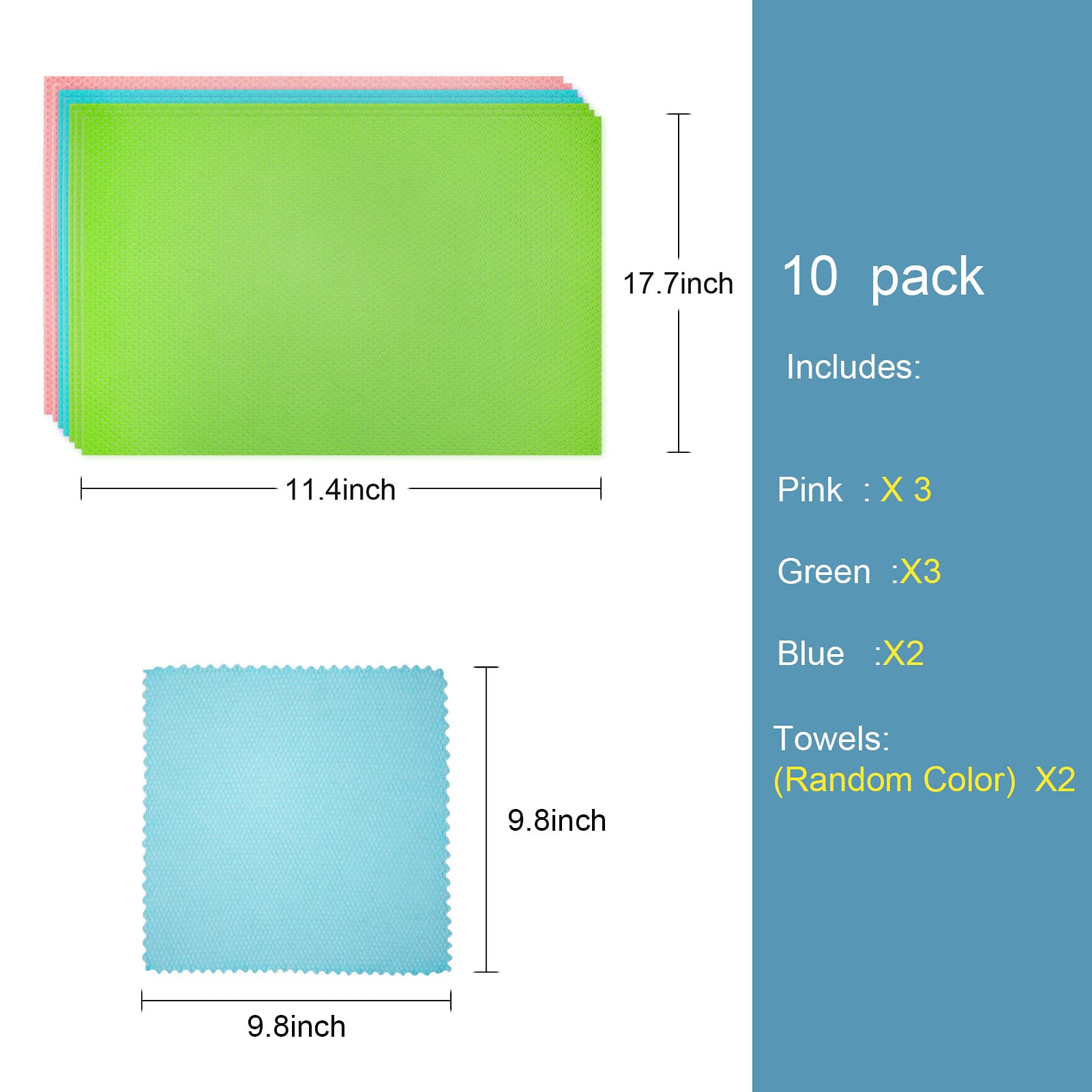 Refrigerator Liners Fridge Mats Pads 8 Pack Washable Waterproof Drawer Table Shelf Liner Mat with 2 Cleaning Cloths(3 Green + 3 Pink + 2 Blue)