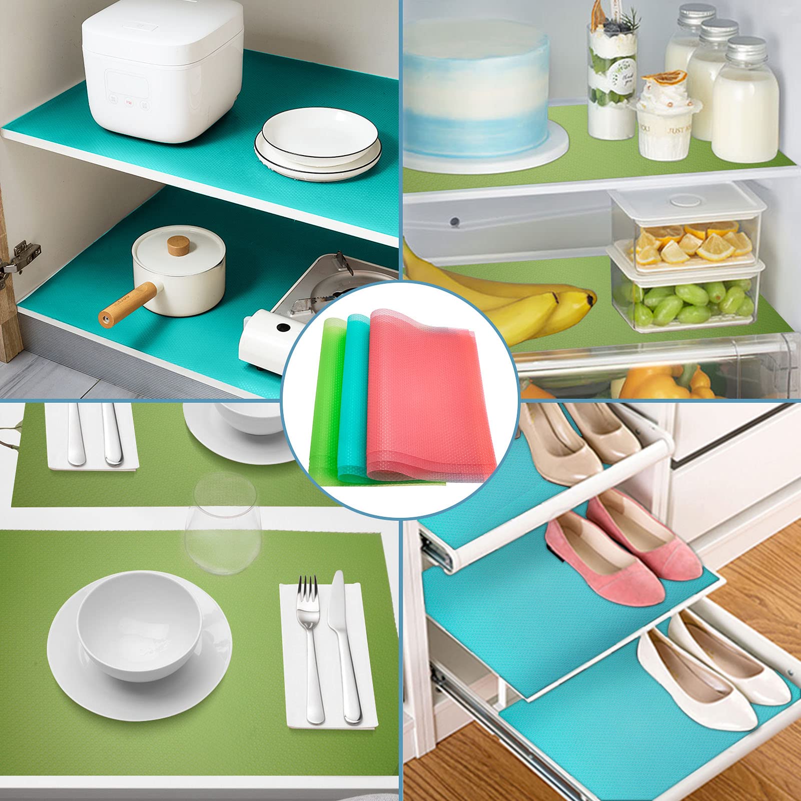 Refrigerator Liners Fridge Mats Pads 8 Pack Washable Waterproof Drawer Table Shelf Liner Mat with 2 Cleaning Cloths(3 Green + 3 Pink + 2 Blue)