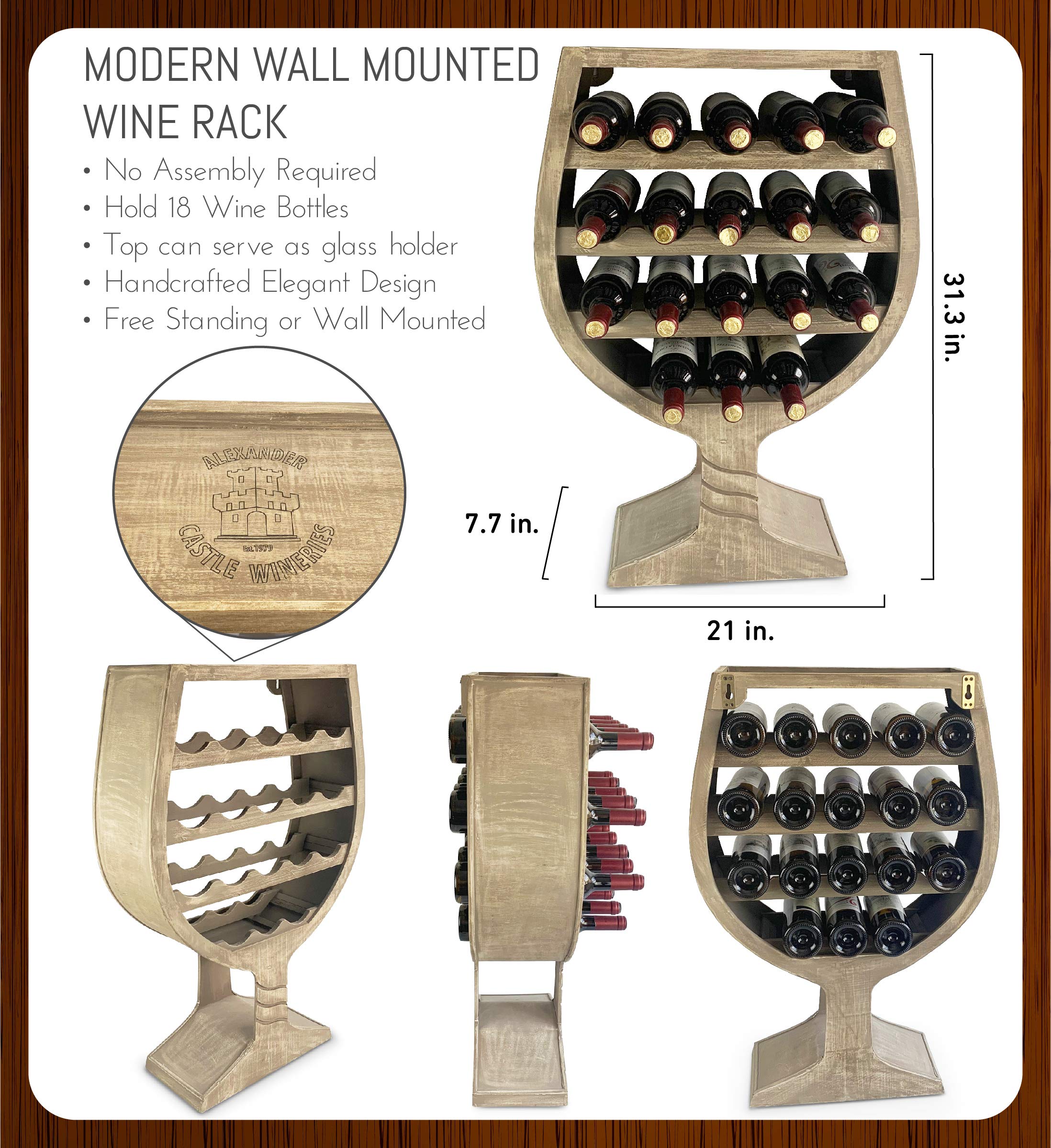 CoTa Global Modern Wine Glass Shaped Wall Mounted Wine Rack - 18 Bottles Freestanding Wooden Wine Holder, Hanging Bottle Rack or Floor Stand, Wine Storage Shelf Organizer for Wine Bar & Home Décor