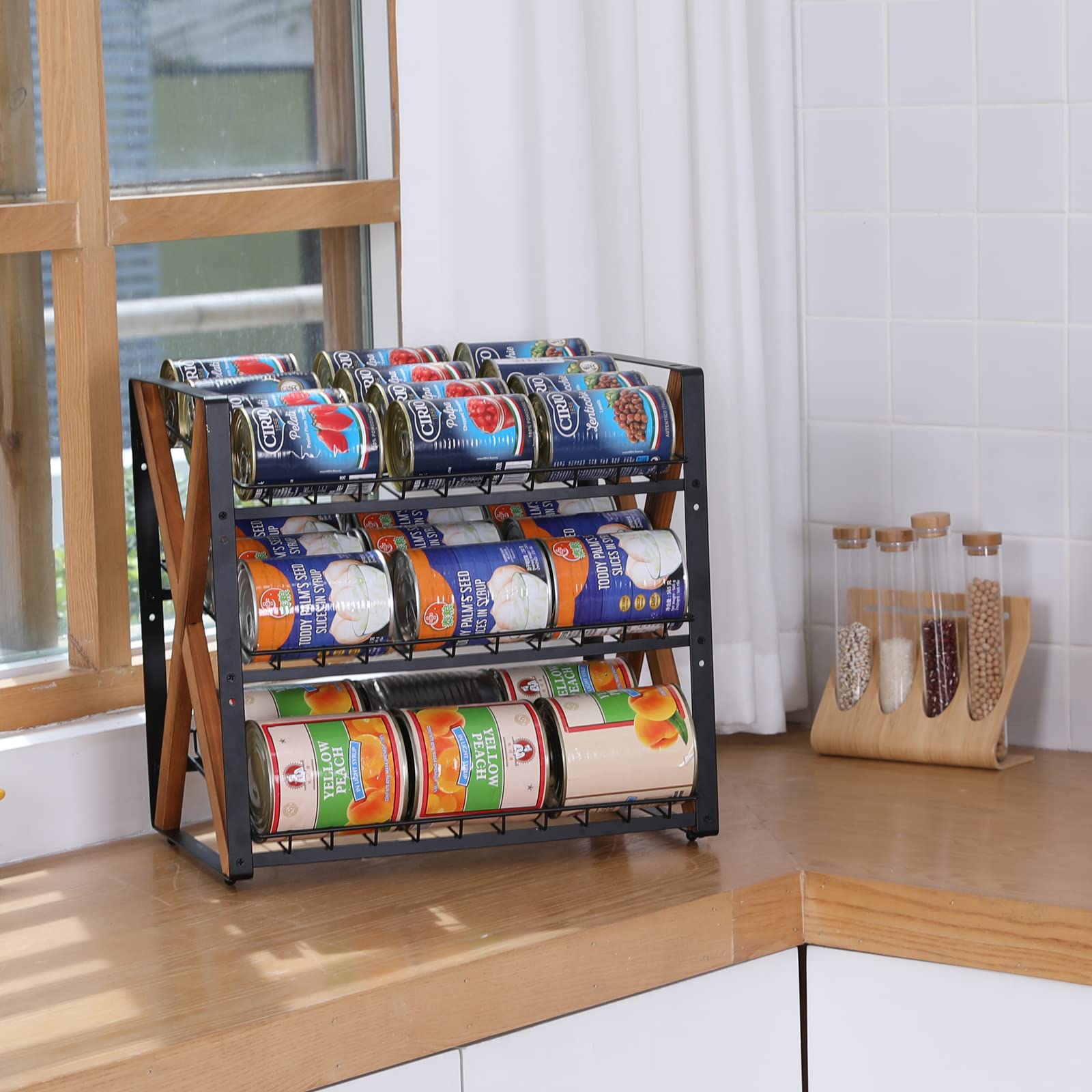 Stackable Can Rack Organizer, 3 Tier Stacking Can Storage Dispenser Wood Holder for Storing Canned Pantry Kitchen Cabinet or Countertop, for 36 Cans, Black