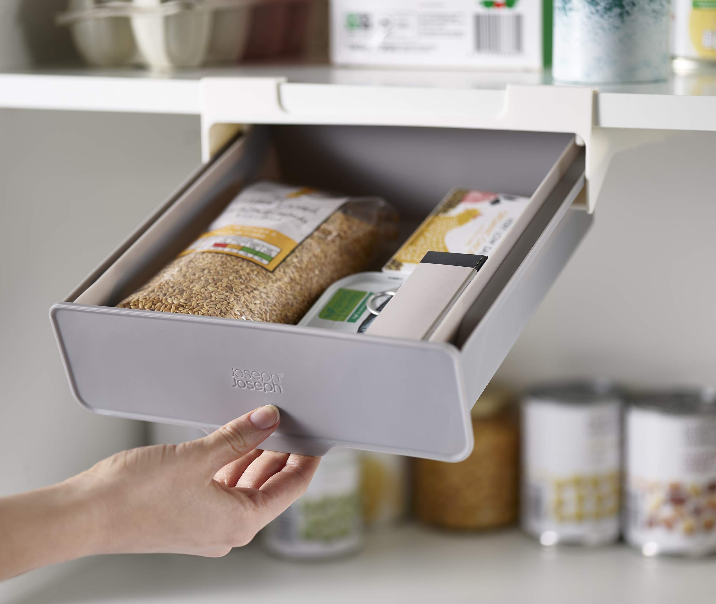 Joseph Joseph CupboardStore Under-Shelf Pull Out Drawer Storage Organizer for Cabinet, Gray & CupboardStore Spice Organizer 3M Tape Under-Shelf Pull Out Drawer Storage for Cabinet, Gray/White