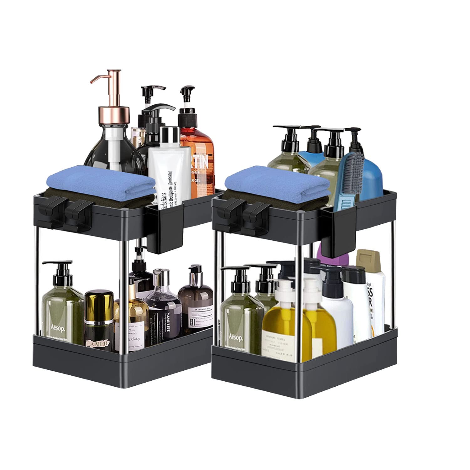 WAYLHECT 2 Tier Under Sink Organizer,Under Bathroom Sink Organizer,Under Kitchen,Bathroom Cabinet Organizers and Storage, 2 Pack Under Bathroom Sink Organizers Basket,with Hooks,Hanging Cups