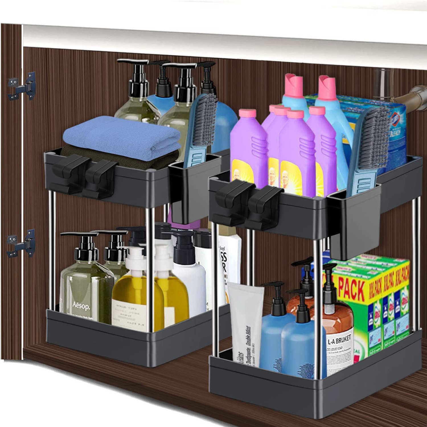 WAYLHECT 2 Tier Under Sink Organizer,Under Bathroom Sink Organizer,Under Kitchen,Bathroom Cabinet Organizers and Storage, 2 Pack Under Bathroom Sink Organizers Basket,with Hooks,Hanging Cups