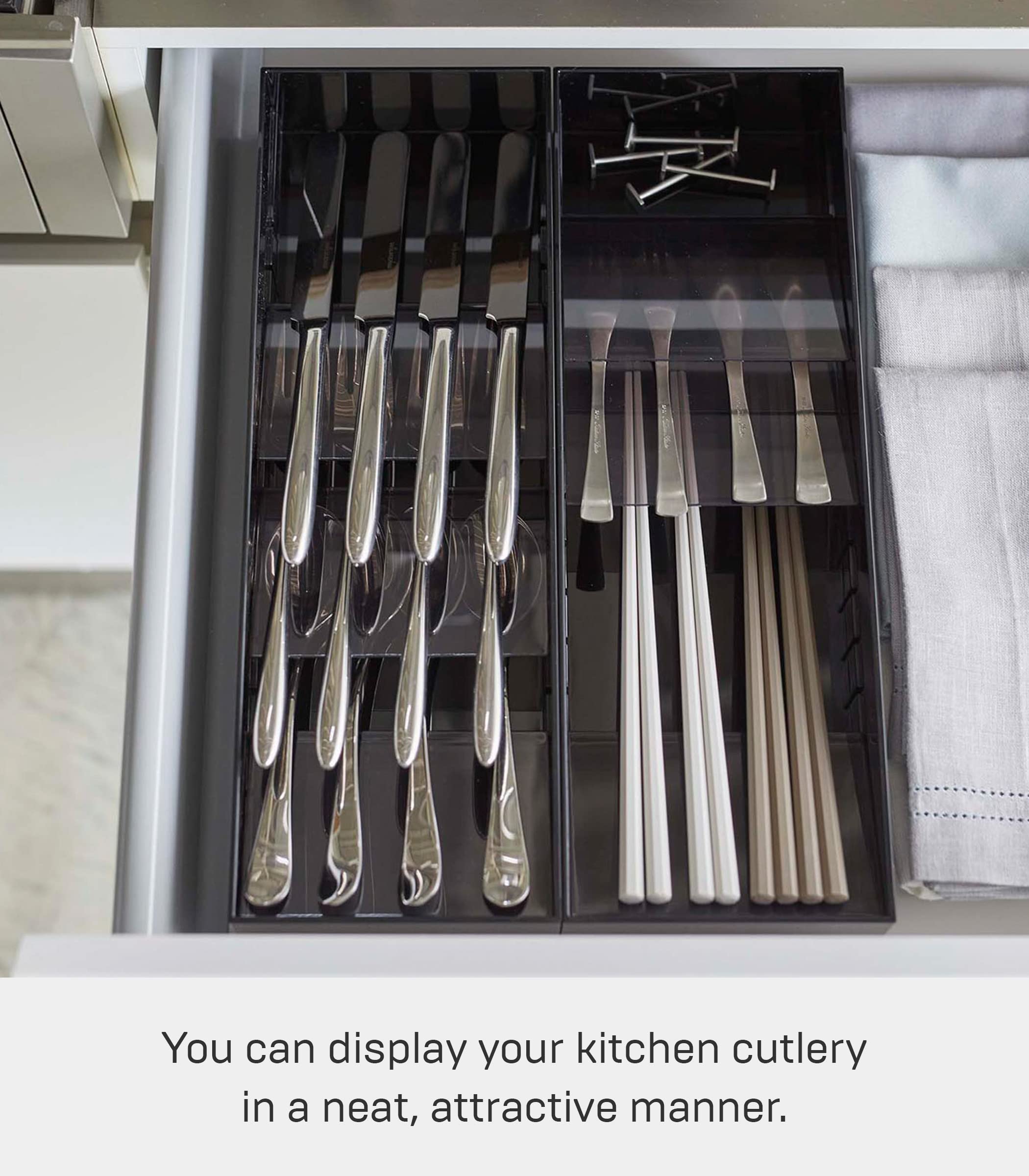 Yamazaki Home Expandable Cutlery Kitchen Angled Utensils Storage Silverware Organizer Compact Drawer Insert Tray | Plastic, One Size, White