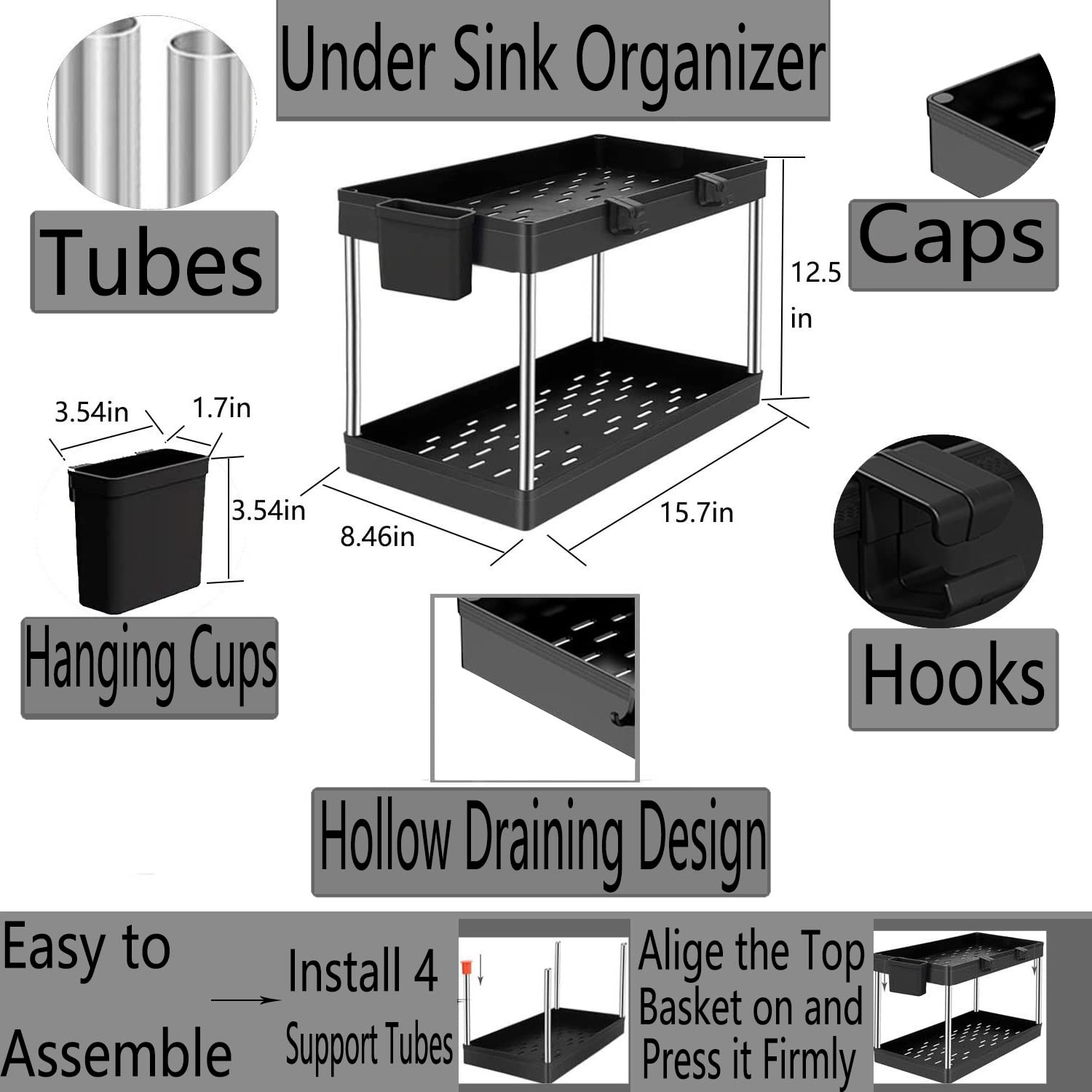 WAYLHECT 2 Tier Under Sink Organizer,Under Bathroom Sink Organizer,Under Kitchen,Bathroom Cabinet Organizers and Storage, 2 Pack Under Bathroom Sink Organizers Basket,with Hooks,Hanging Cups