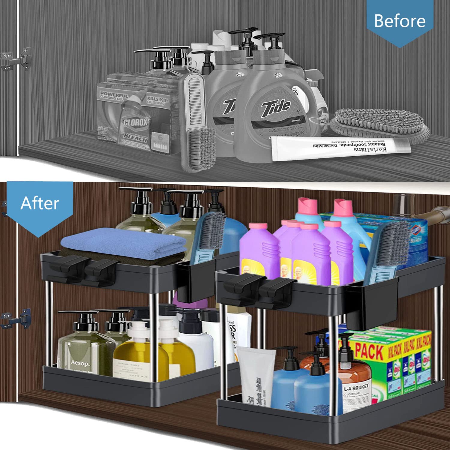 WAYLHECT 2 Tier Under Sink Organizer,Under Bathroom Sink Organizer,Under Kitchen,Bathroom Cabinet Organizers and Storage, 2 Pack Under Bathroom Sink Organizers Basket,with Hooks,Hanging Cups