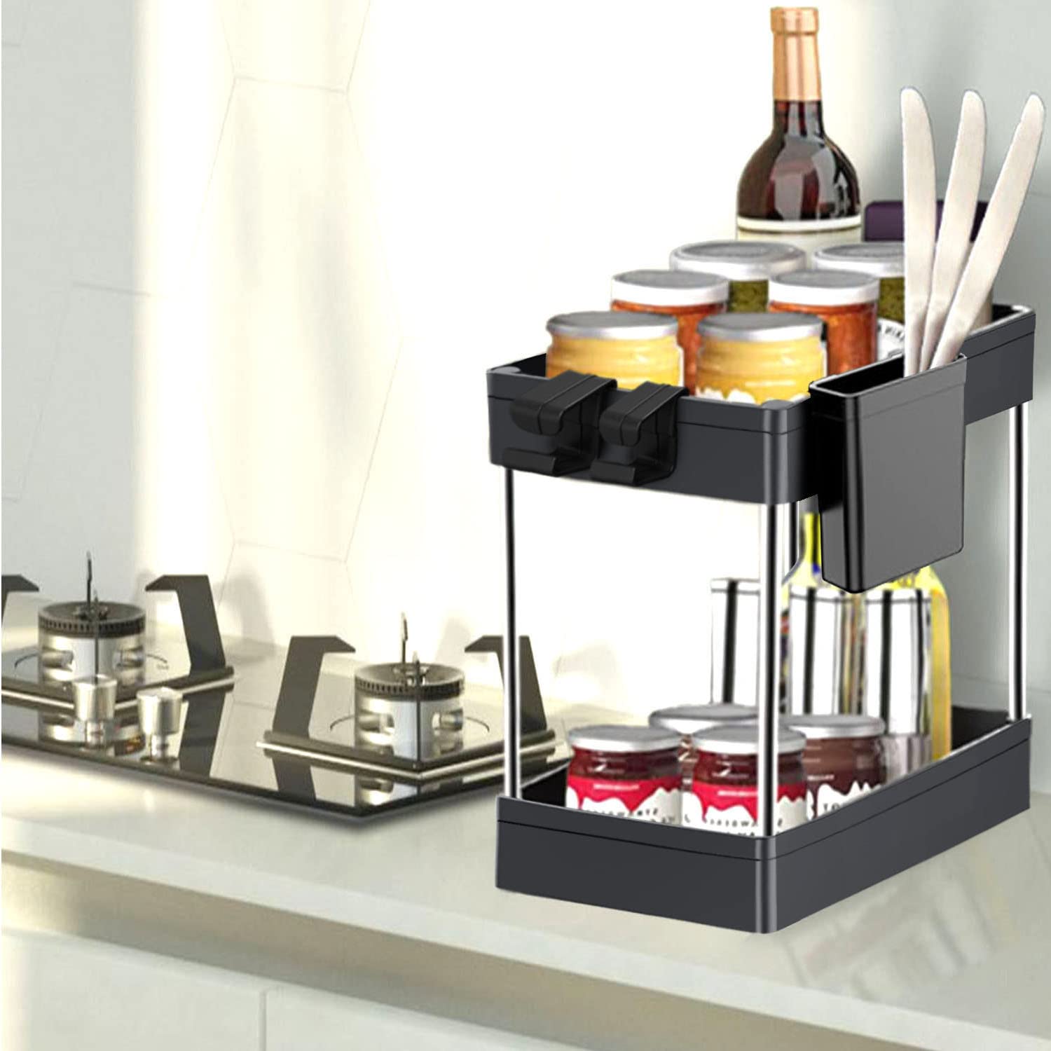 WAYLHECT 2 Tier Under Sink Organizer,Under Bathroom Sink Organizer,Under Kitchen,Bathroom Cabinet Organizers and Storage, 2 Pack Under Bathroom Sink Organizers Basket,with Hooks,Hanging Cups