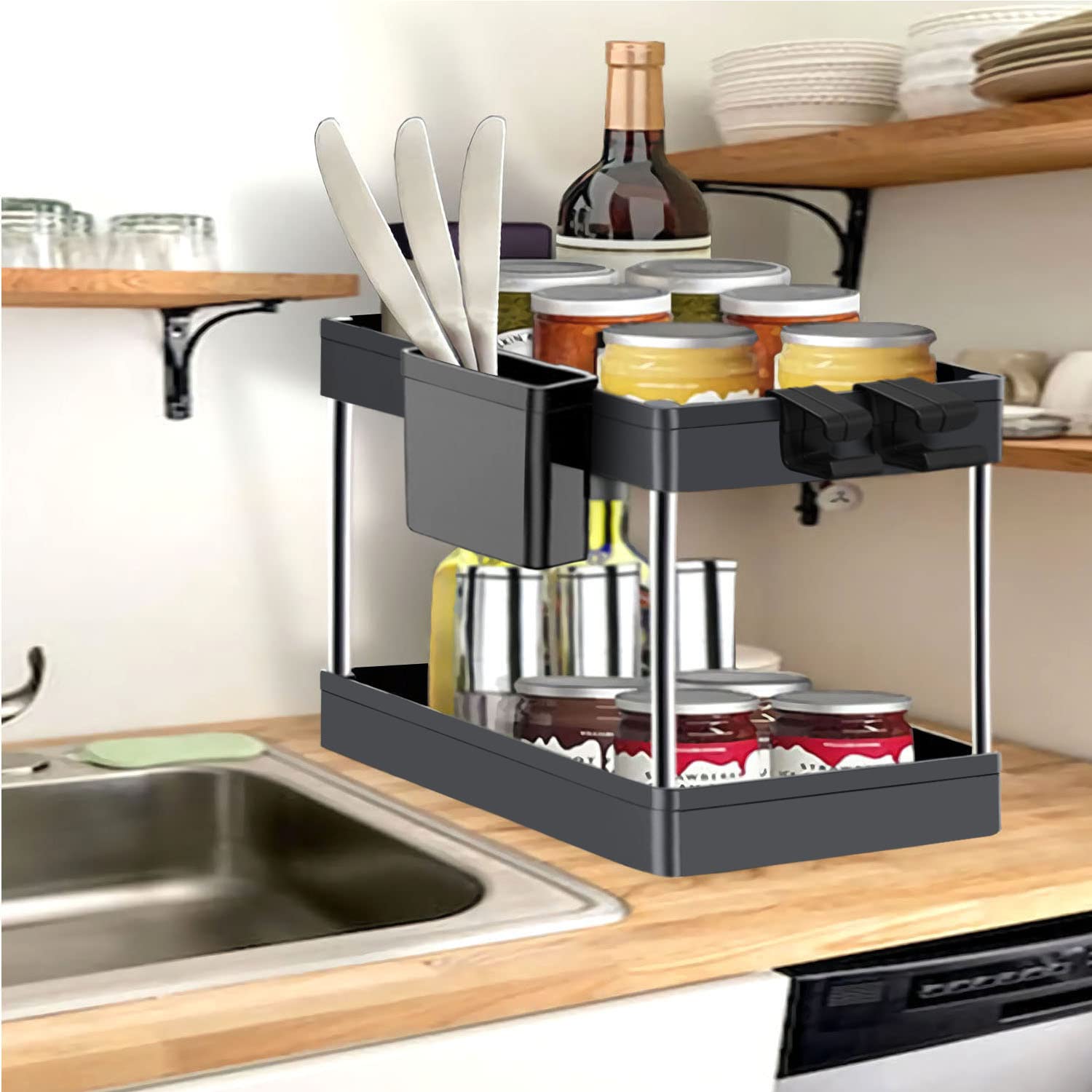WAYLHECT 2 Tier Under Sink Organizer,Under Bathroom Sink Organizer,Under Kitchen,Bathroom Cabinet Organizers and Storage, 2 Pack Under Bathroom Sink Organizers Basket,with Hooks,Hanging Cups