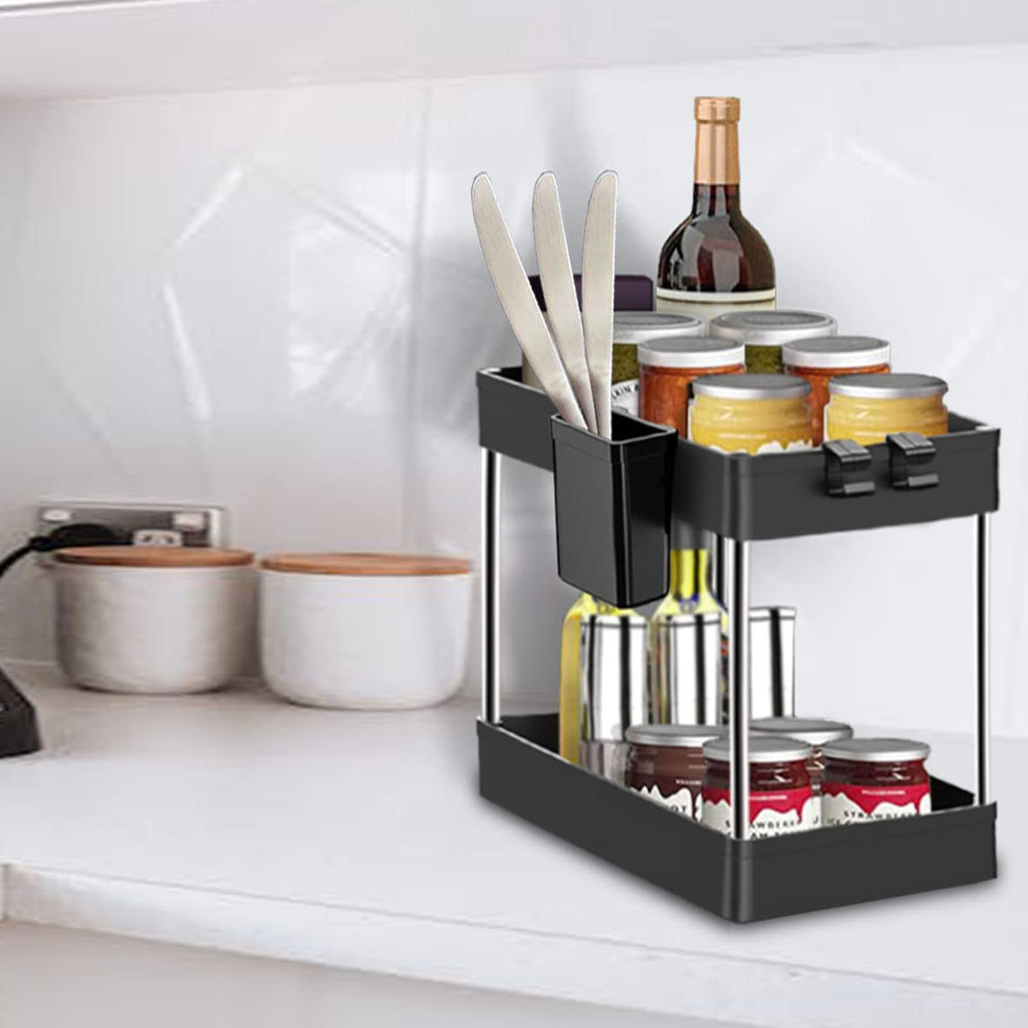 WAYLHECT 2 Tier Under Sink Organizer,Under Bathroom Sink Organizer,Under Kitchen,Bathroom Cabinet Organizers and Storage, 2 Pack Under Bathroom Sink Organizers Basket,with Hooks,Hanging Cups