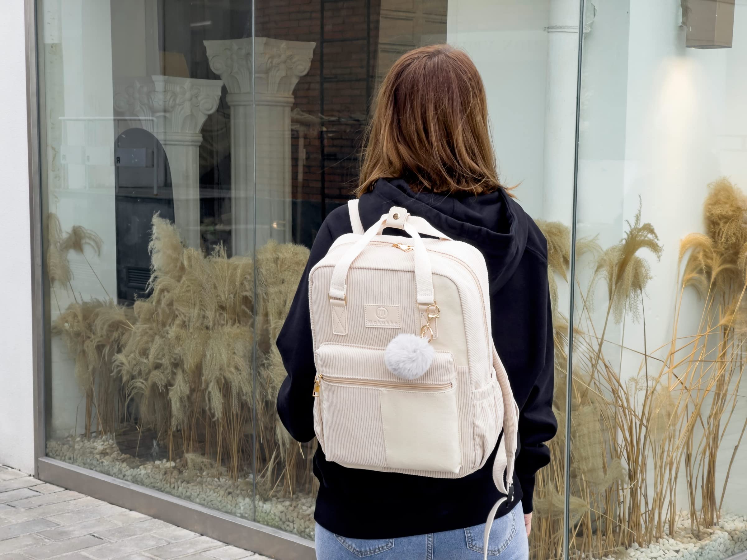 Makukke Corduroy School Backpacks for Women Men - Vintage School Bookbag Travel Laptop Backpack Casual Daypack for College (Beige)