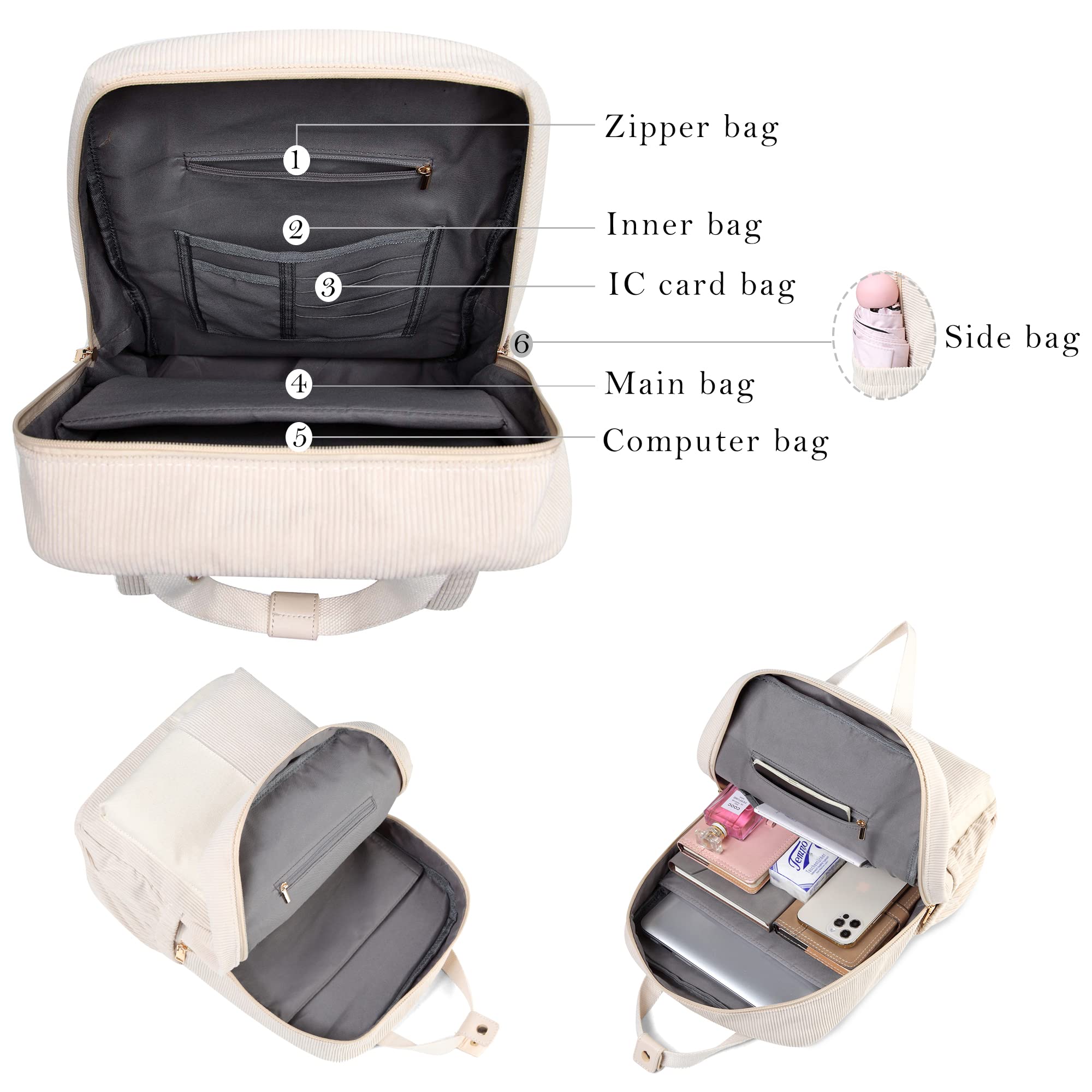 Makukke Corduroy School Backpacks for Women Men - Vintage School Bookbag Travel Laptop Backpack Casual Daypack for College (Beige)