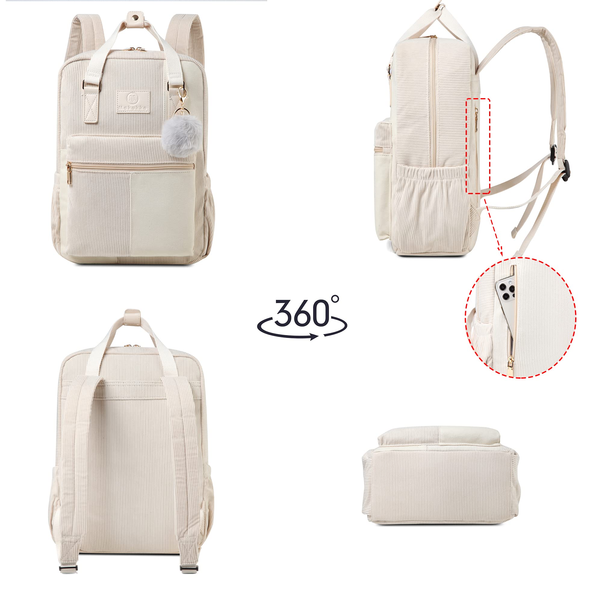 Makukke Corduroy School Backpacks for Women Men - Vintage School Bookbag Travel Laptop Backpack Casual Daypack for College (Beige)