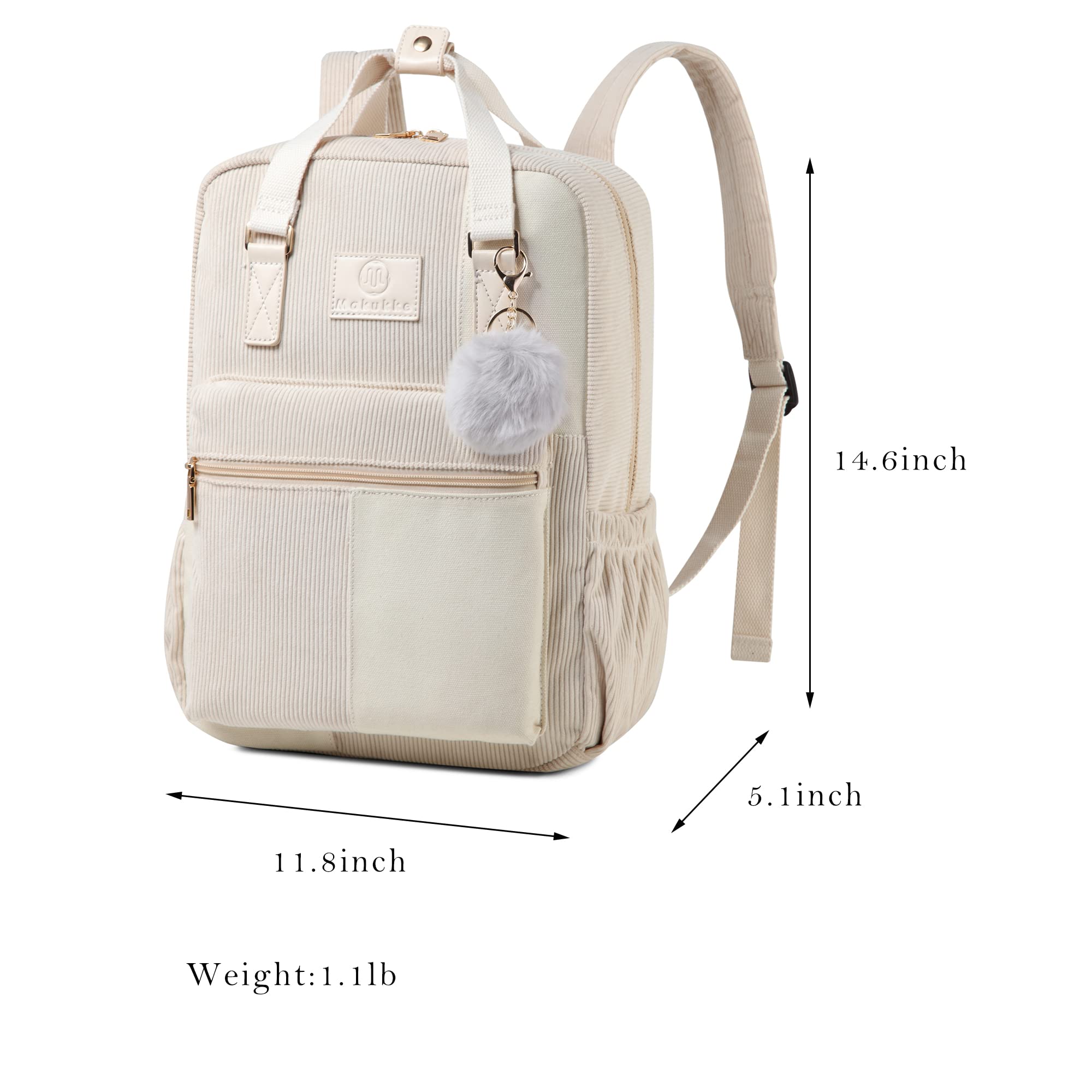 Makukke Corduroy School Backpacks for Women Men - Vintage School Bookbag Travel Laptop Backpack Casual Daypack for College (Beige)