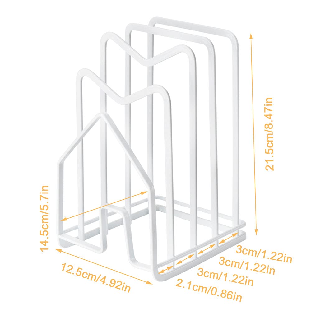 Hikinlichi Cutting Board Holder Rack 2 Adhesive Hooks 304 Stainless Steel Hooks Kitchen Countertop Chopping Board Organizer Stand Pots Pan Lids Rack 4.92 x 5.7 x 8.46 in. White