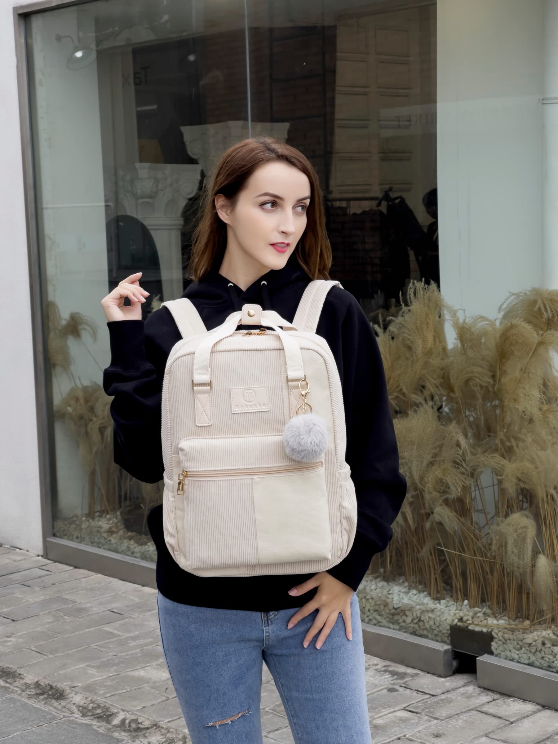Makukke Corduroy School Backpacks for Women Men - Vintage School Bookbag Travel Laptop Backpack Casual Daypack for College (Beige)